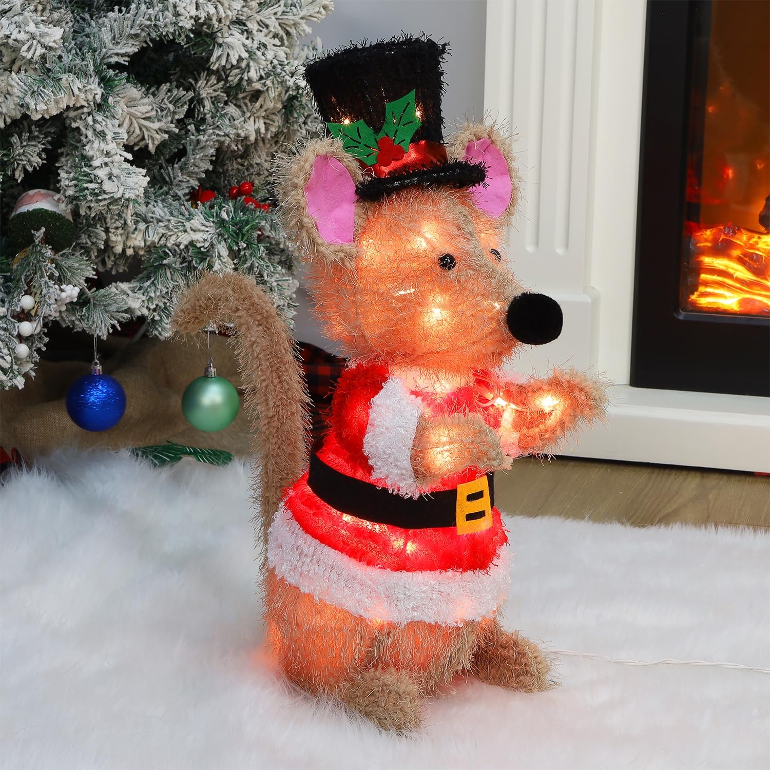 WATERGLIDE Lighted Christmas Mice, Pre-Lit 3D Tinsel Mouse with Top Hat ...