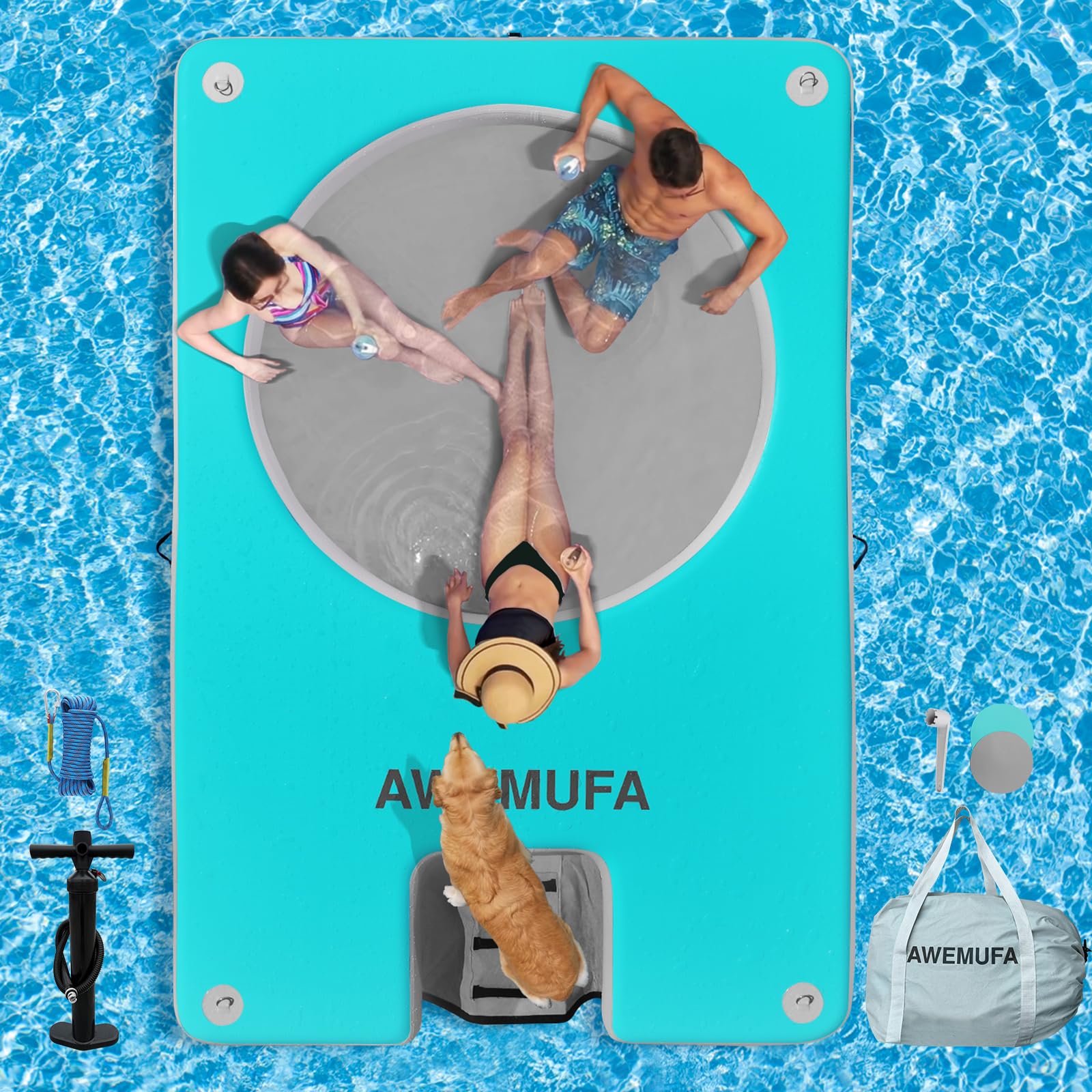 AWEMUFA 12ft x 8ft Inflatable Floating Dock Floats with Dog Water Ramp ...