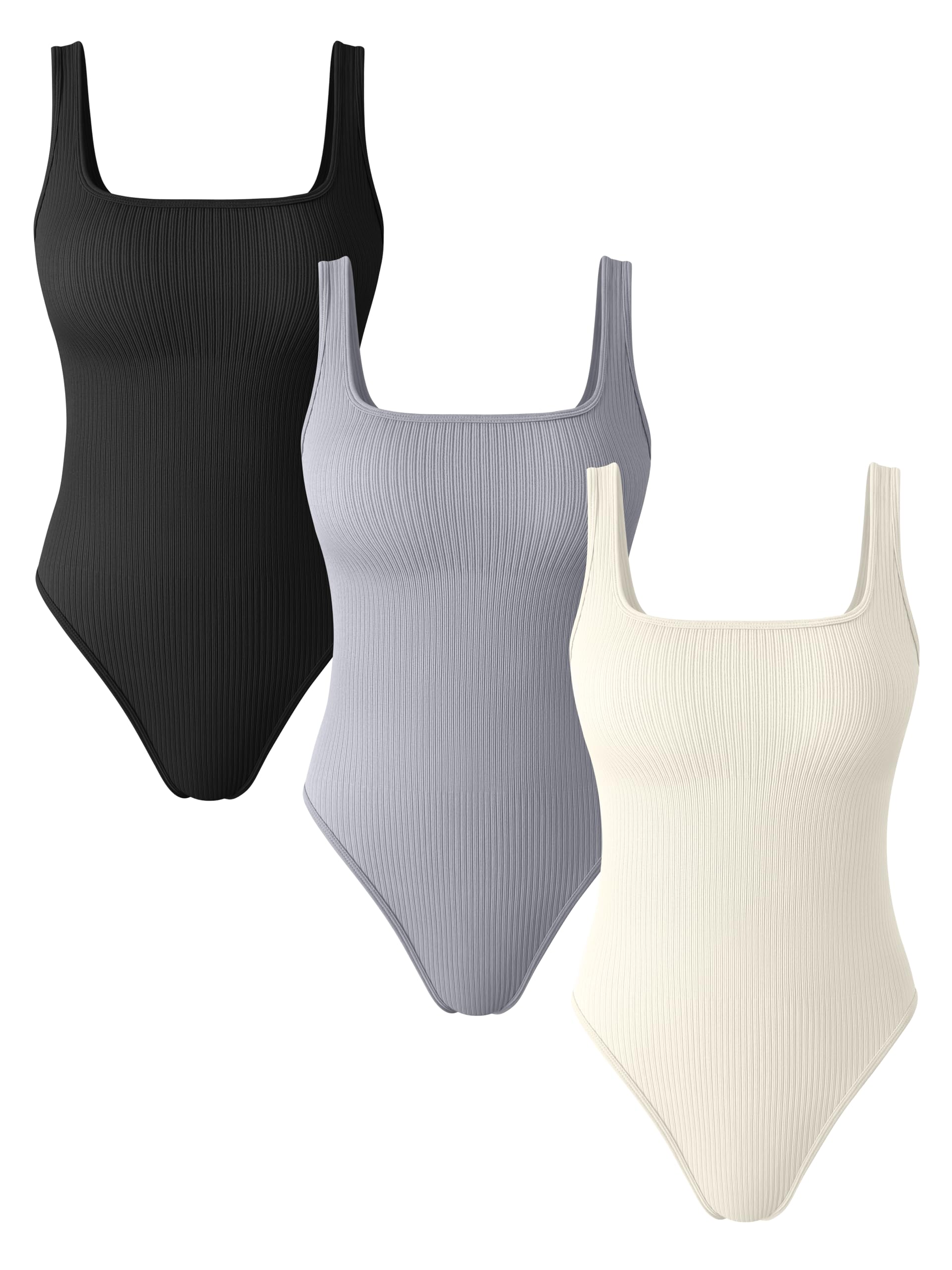 OQQ Women's 3 Piece Bodysuits Sexy Ribbed Square Neck Basic Stretch ...