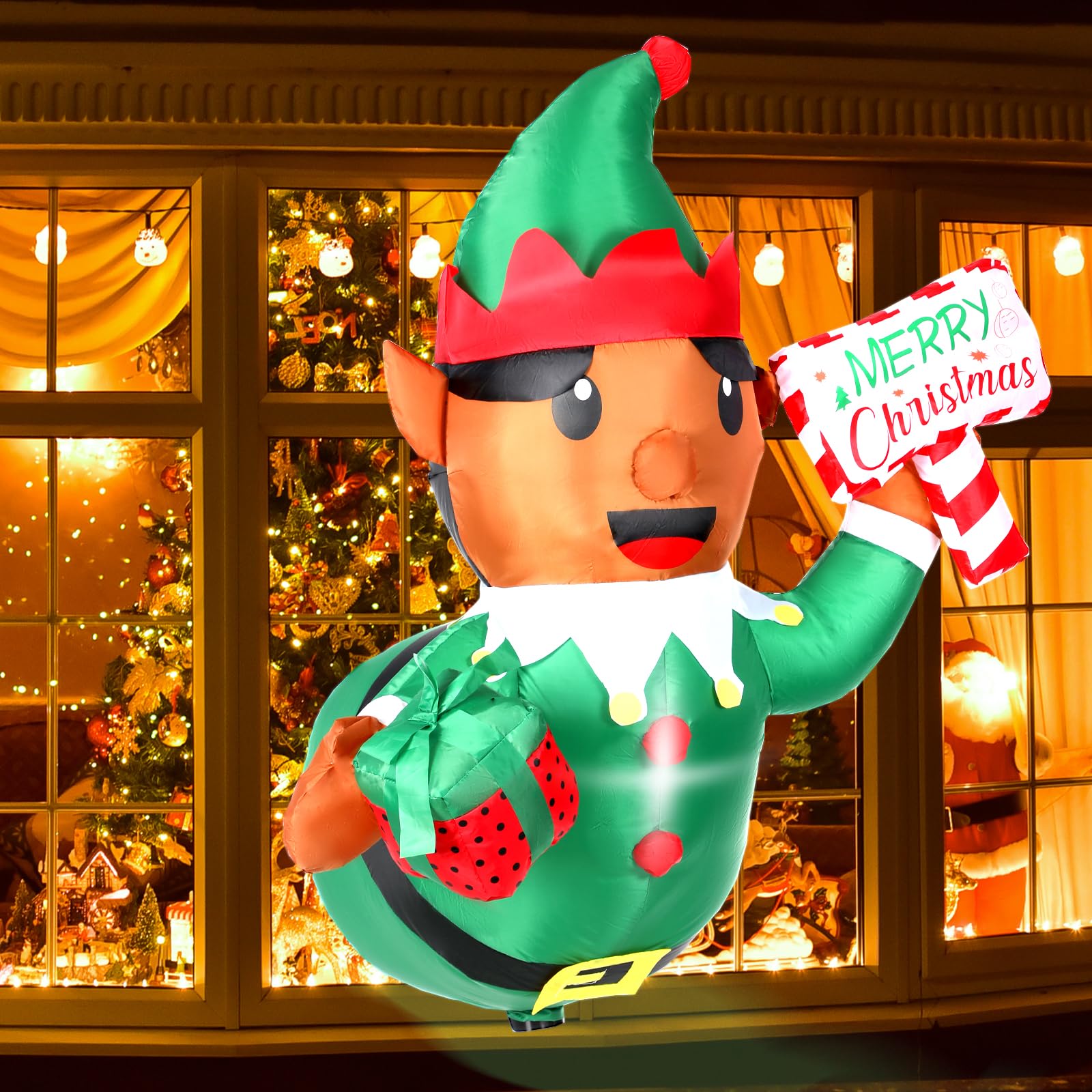 Kitticcino Christmas Inflatable Elf Broke Out from Window 4 FT Blow Up ...