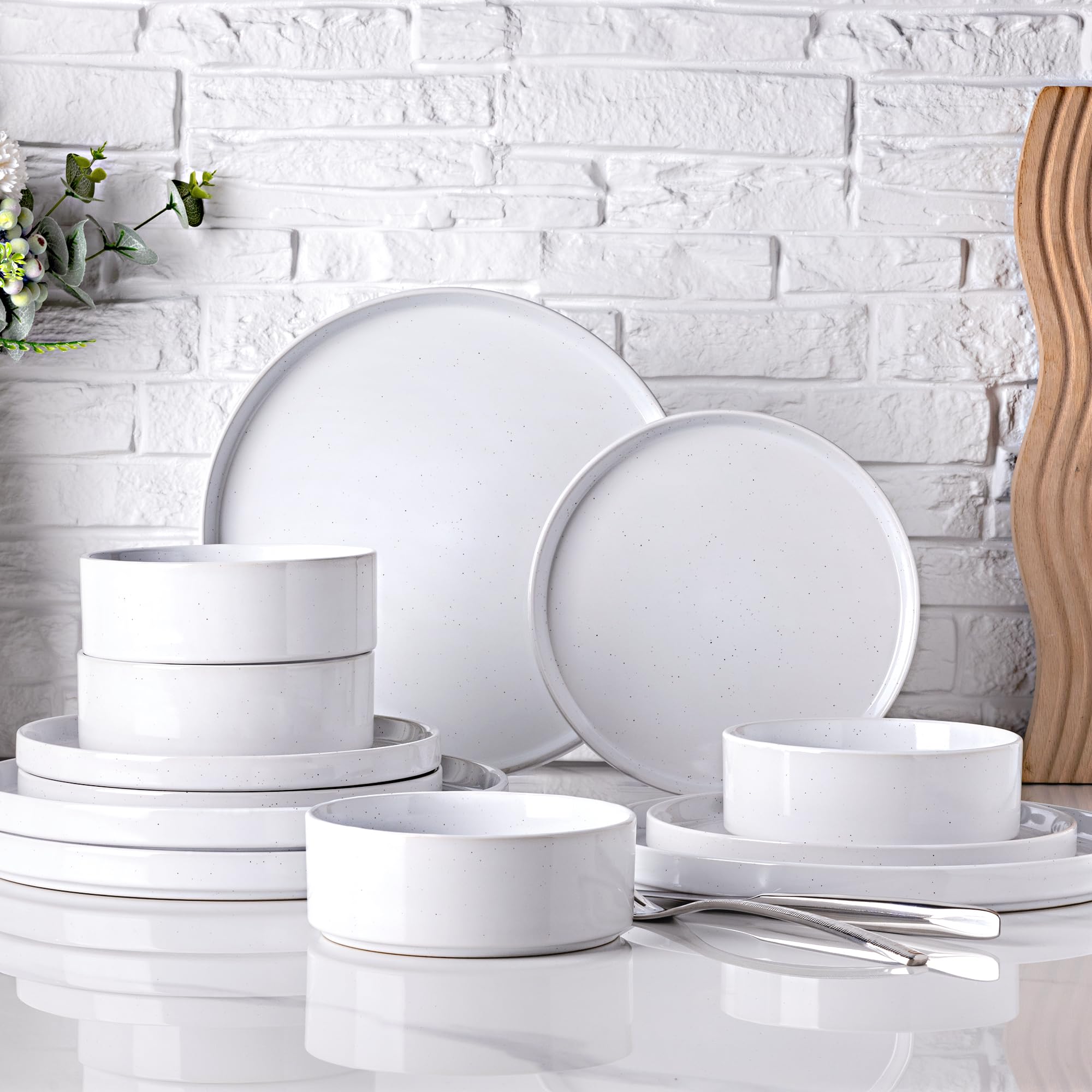 Dinnerware Set for 4, 12 Piece Speckled Plates and Bowls Set with ...
