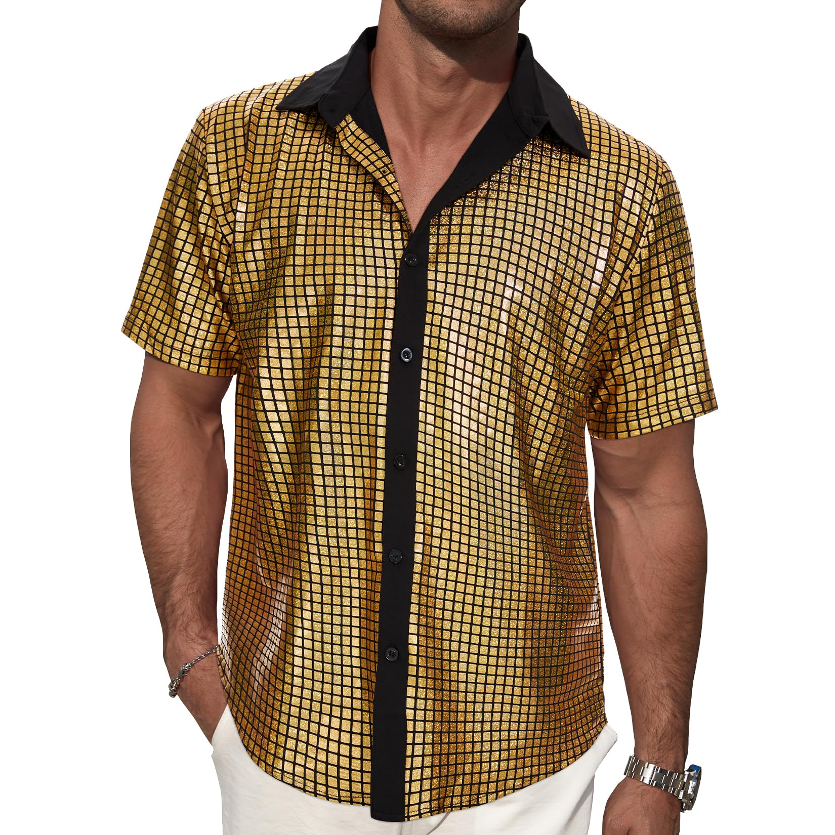 Century Star Mens 70s Disco Shirt Metallic Sequin Short Sleeve Vintage Outfits Button Down ...