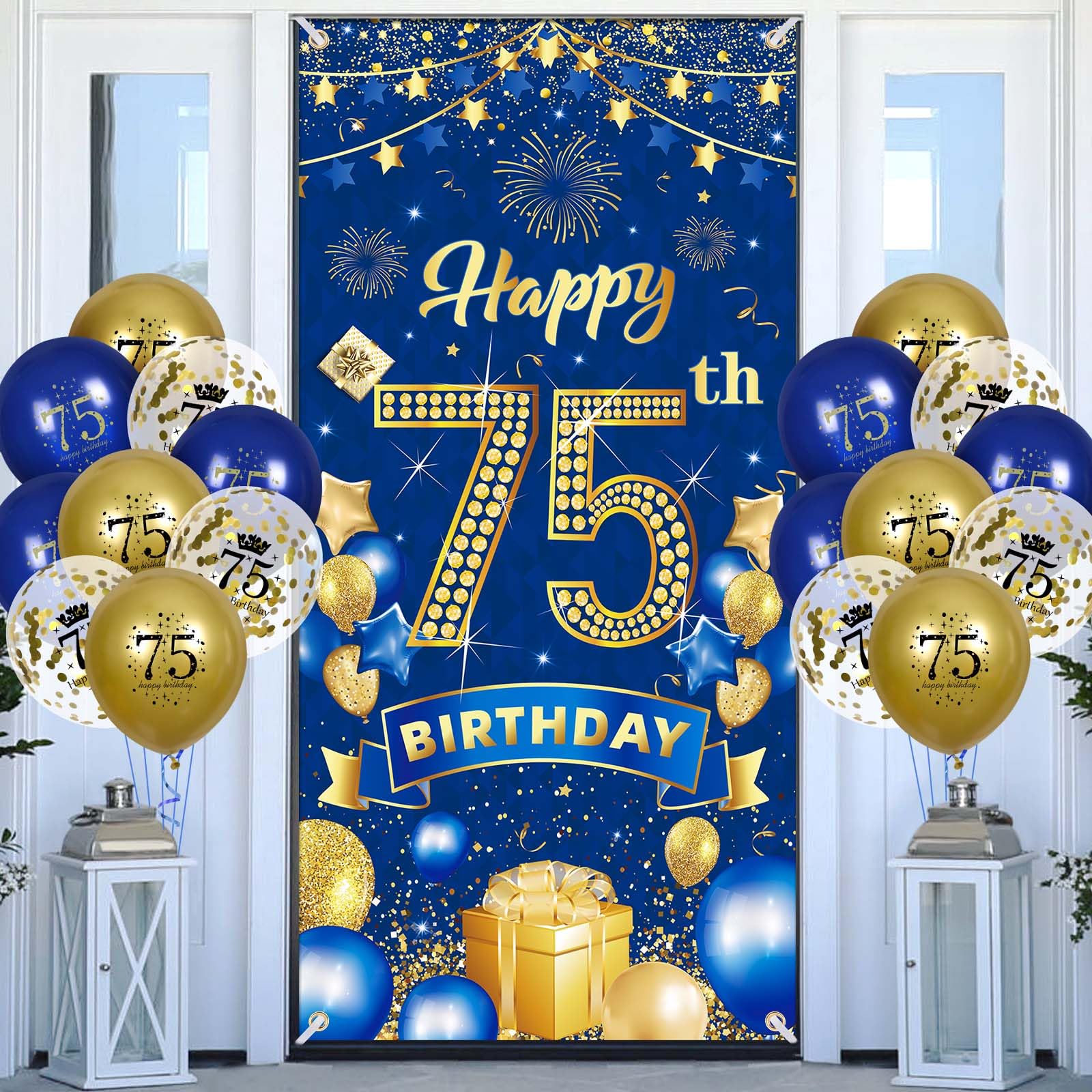 75th Birthday Party Decorations for Men Navy Blue Gold Happy 75th ...