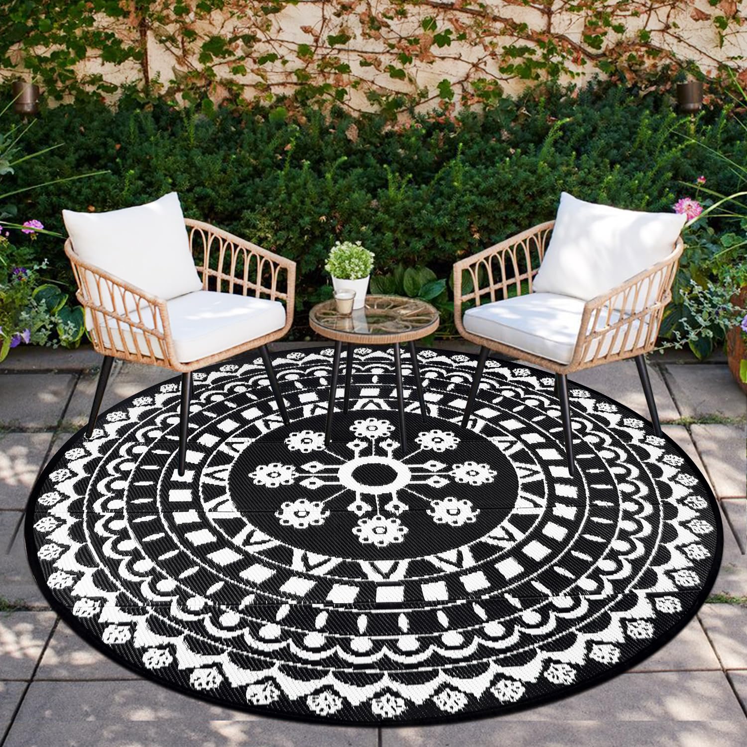 Capslpad 6Ft Round Outdoor Rug for Patio Reversible Mat Boho Circle ...