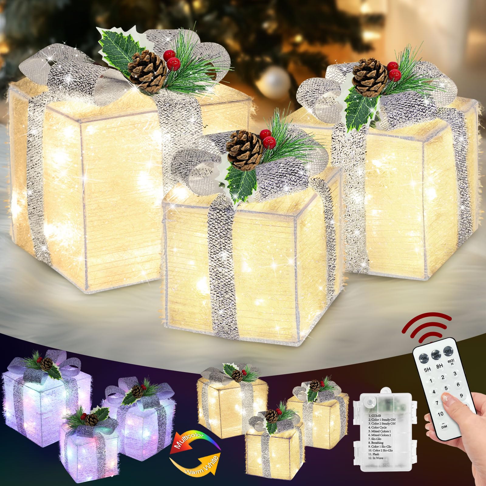 3 Pack Christmas Lighted Tinsel Gift Boxes with 12 Mode Timer Remote ...