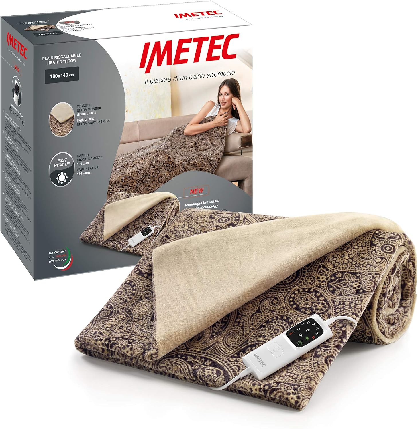 Imetec Adapto Velvet Jacquard Plaid Riscaldabile 140 x 180 cm, Tessuto ...