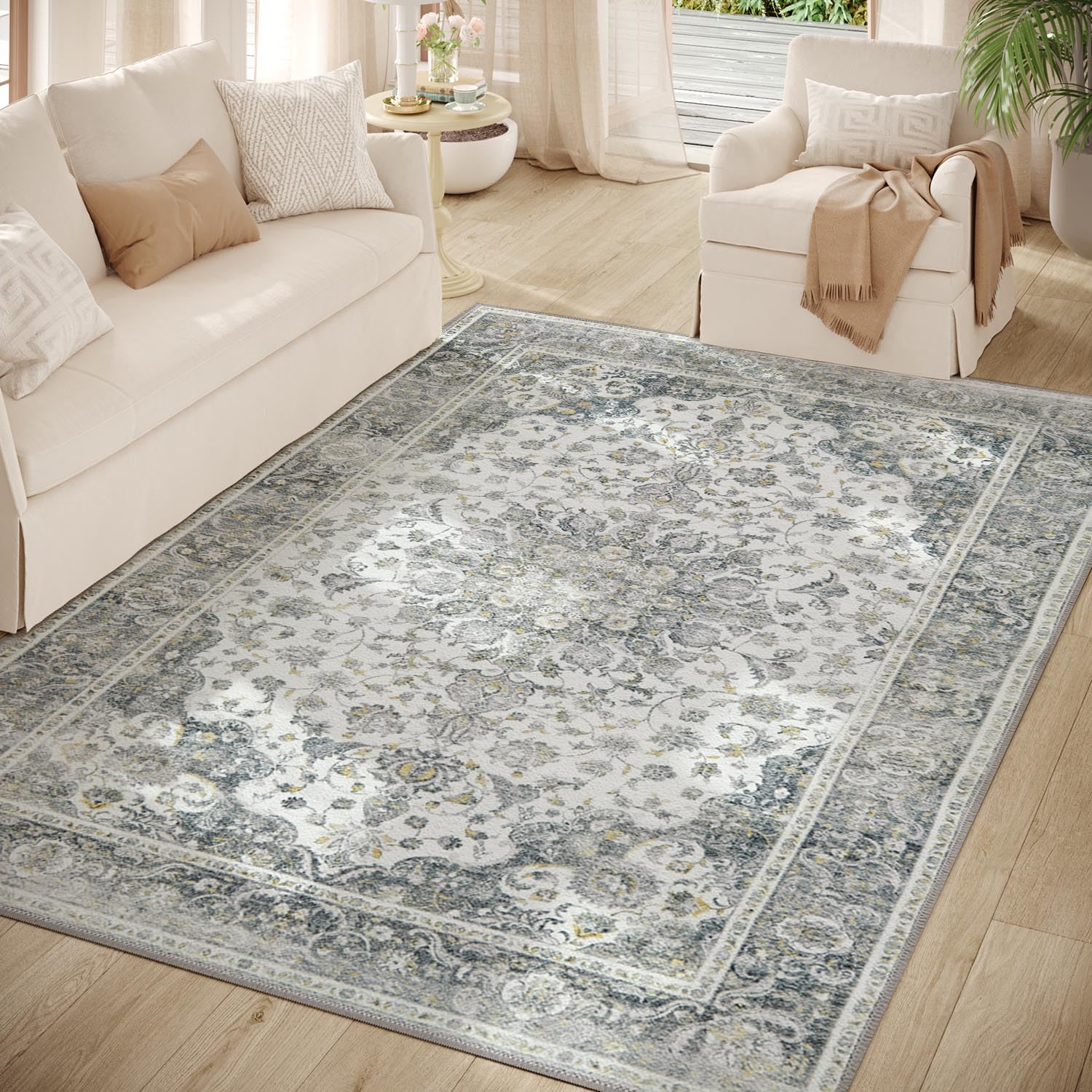 jinchan Area Rug 5x7 Floral Rug Distressed Grey Thin Vintage Retro ...