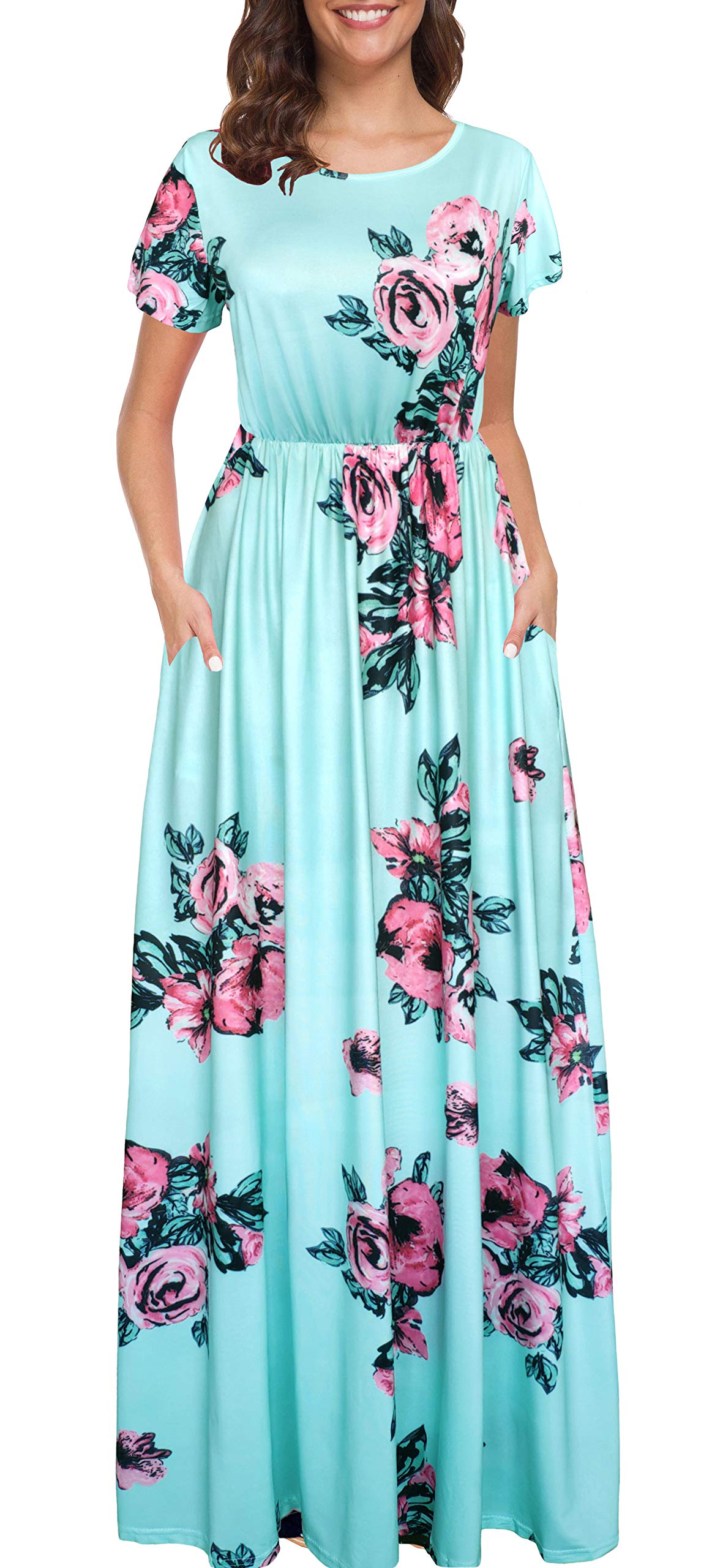 Afibi Women Floral Printed Crew Neck Short Sleeve Maxi Dress with ...