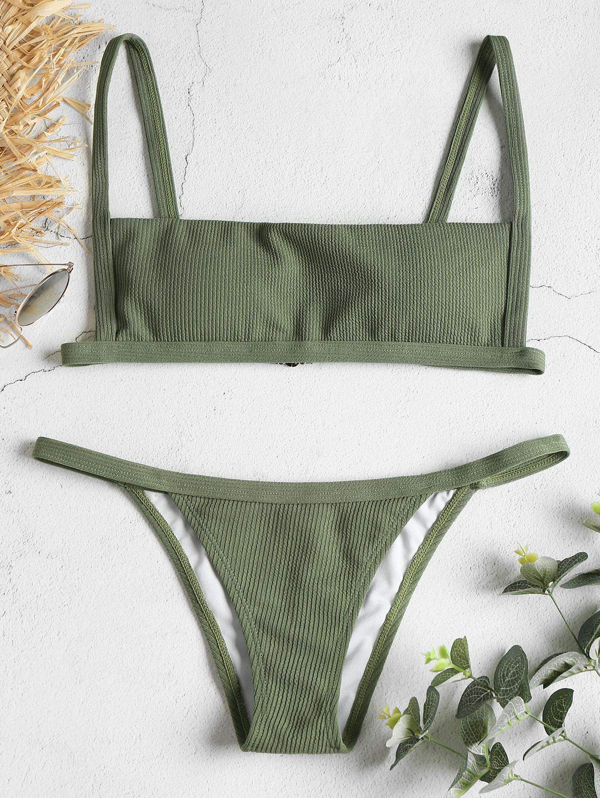 ZAFUL Women’s Ribbed Hook String Bikini Set Square Collar High Cut 2 ...