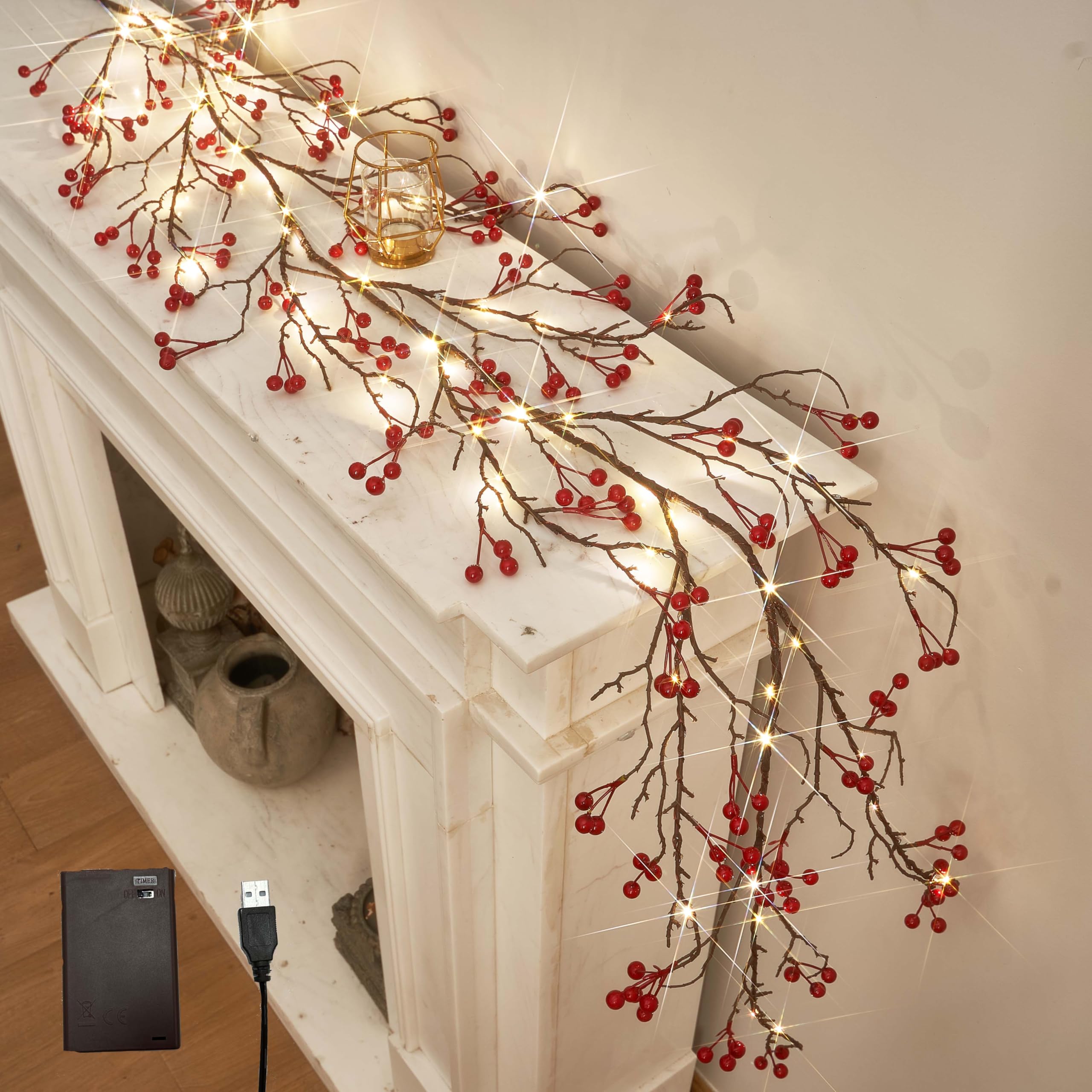 LITBLOOM Lighted Red Berry Garland 120 LED Fairy Lights with Timer ...