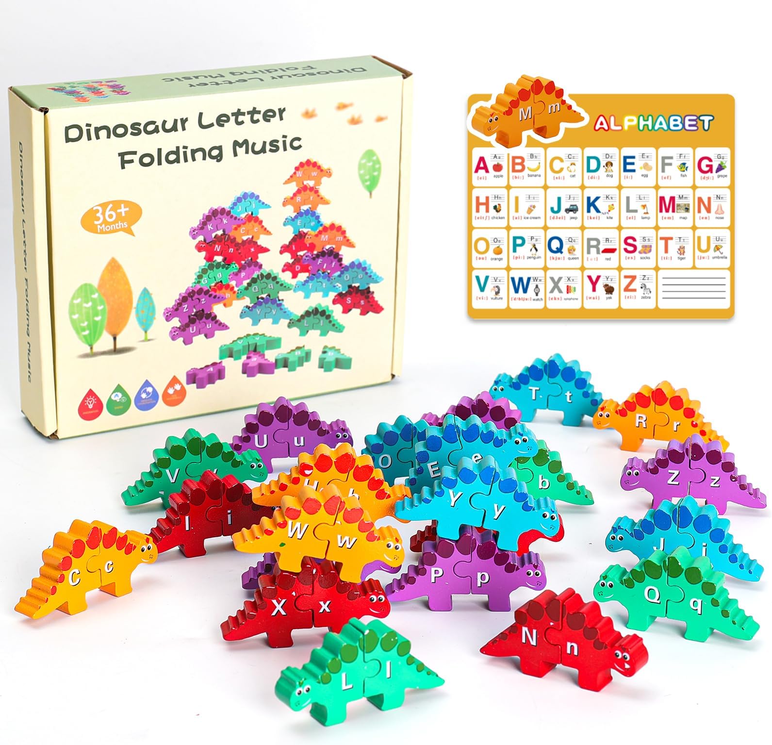 Protado Wooden Alphabet Matching Toy, 52 Pcs Double-Sided ABC Dinosaur ...
