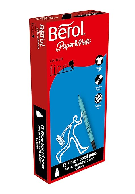 Berol Colour Fine Fibre Tipped Pen with 0.6 mm Line Width - Black, Pack ...