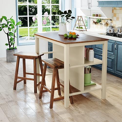 Polibi 3-Piece Kitchen Island Set with 2 Stools and 2 Shelves, Rustic ...