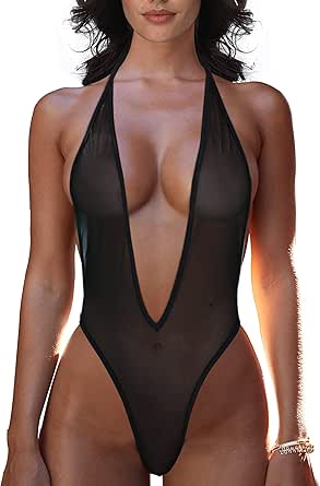 SHERRYLO Sheer One Piece Thong Swimsuit for Women Sexy Plunging See Thru Monokini High Cut ...