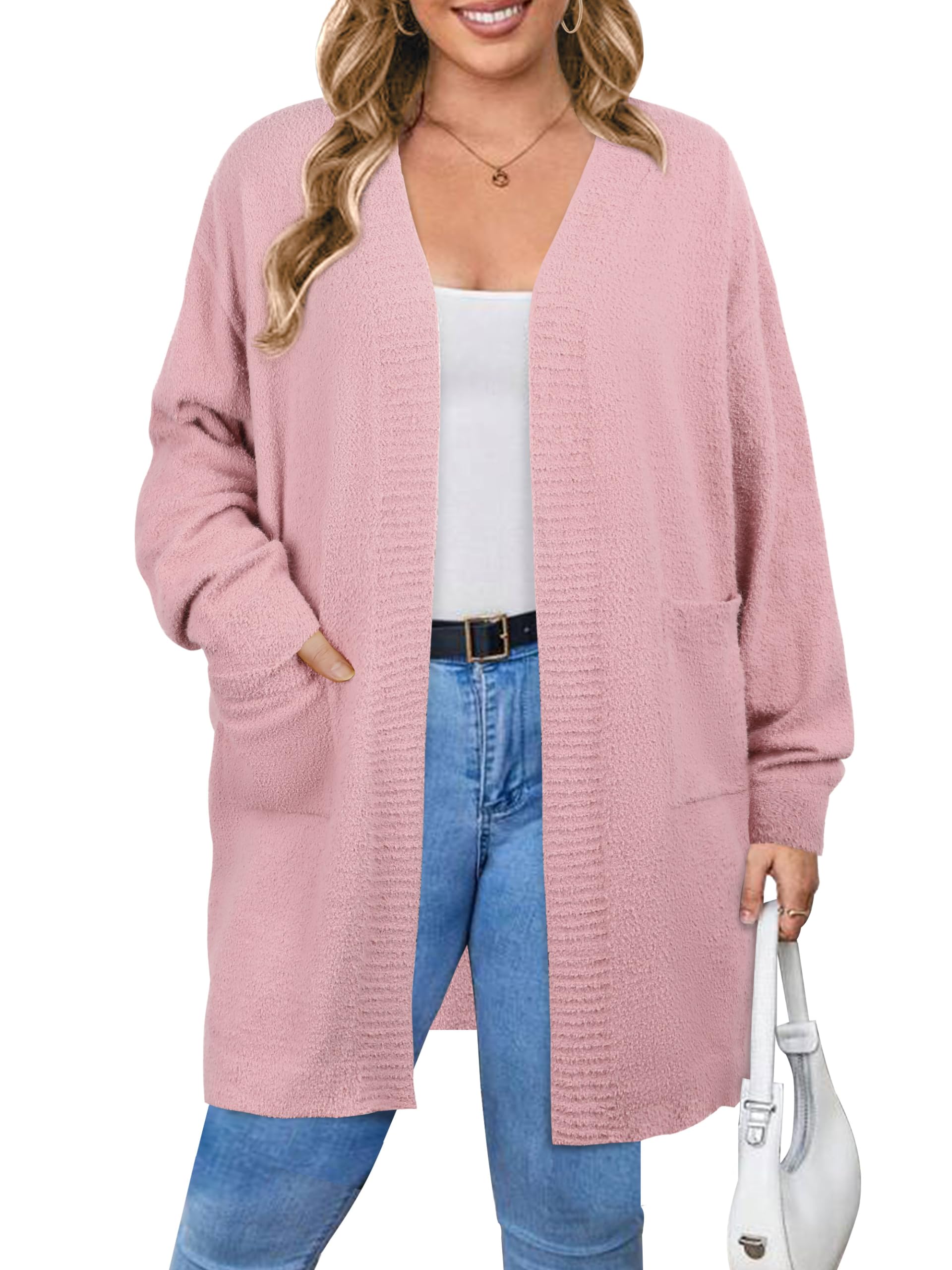 Size 18--Women's 2023 Fall Casual Open Front Fuzzy Popcorn Batwing ...