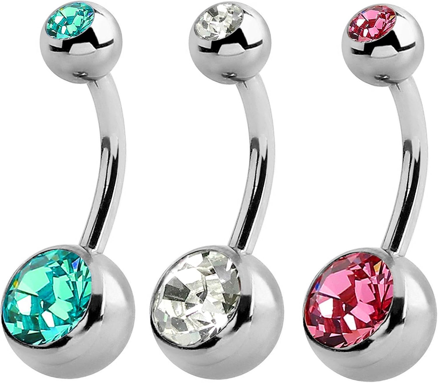 BodyTrend Belly Bars Set Of 3 Surgical Steel Double Jewelled Belly Bars