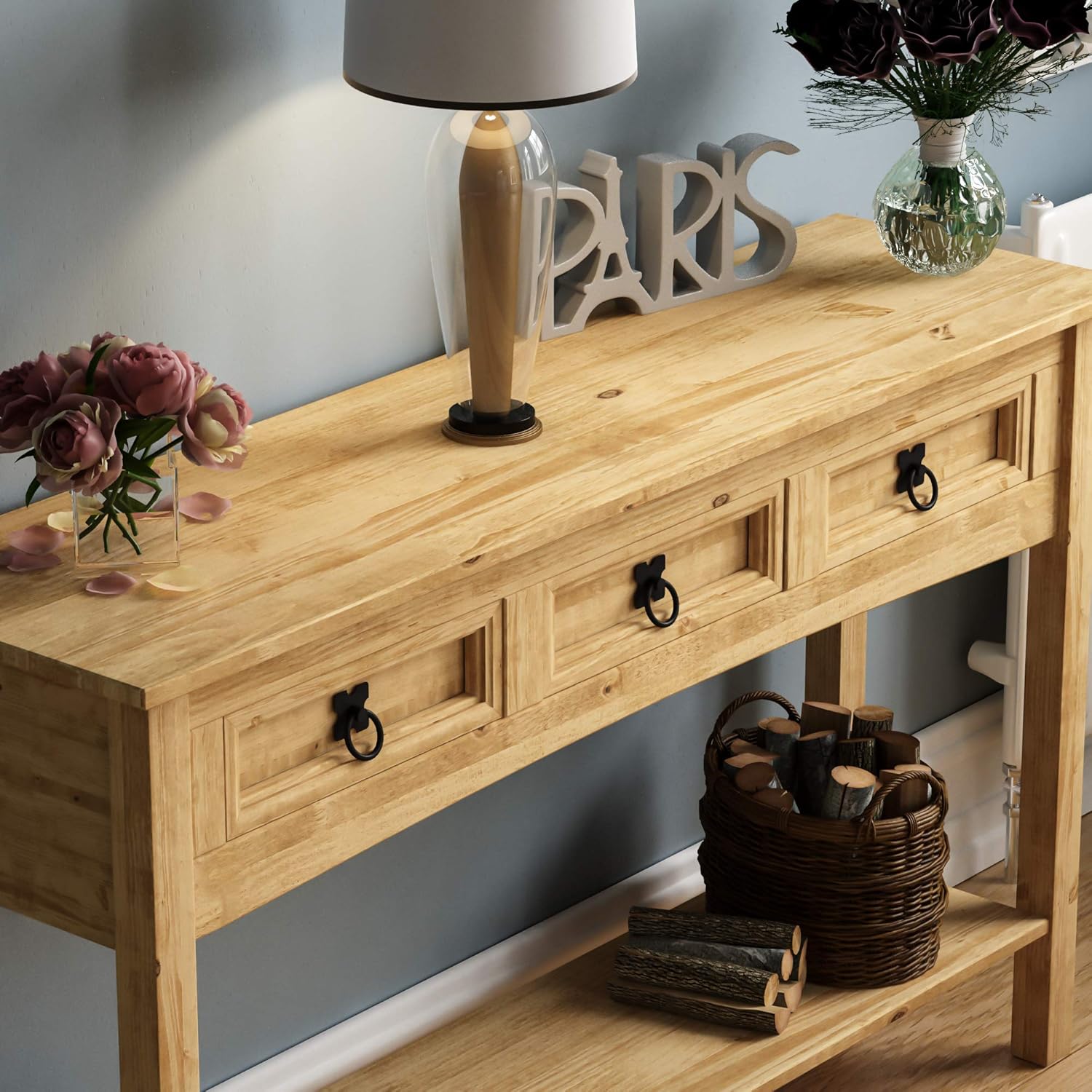 Vida Designs Corona Console Table, 3 Drawers With Shelf, Solid Pine ...