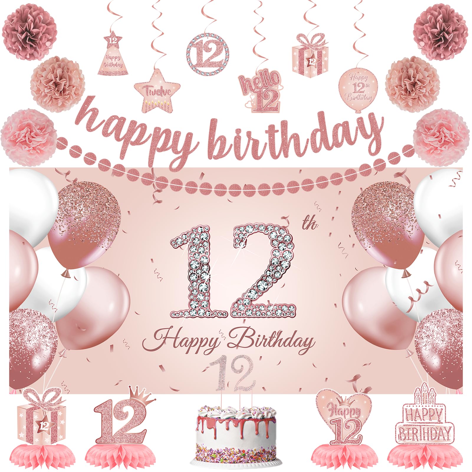 Roetyce 12th Birthday Decorations for Girls, 20PCS Rose Gold 12th ...