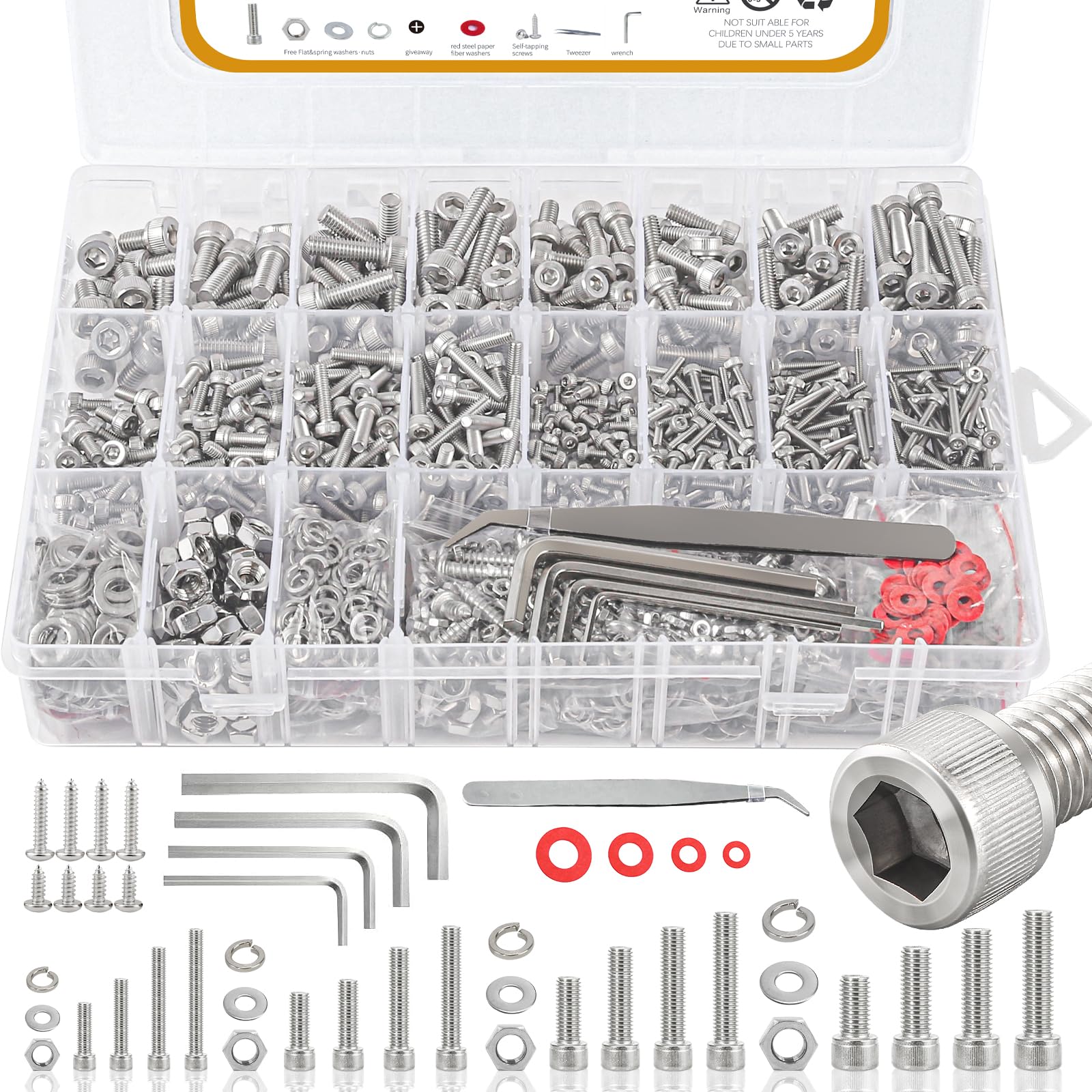 M2 M3 M4 M5 Nuts and Bolts, 304 Stainless Steel Metric Bolt Assortment (Lock & Flat Washers ...