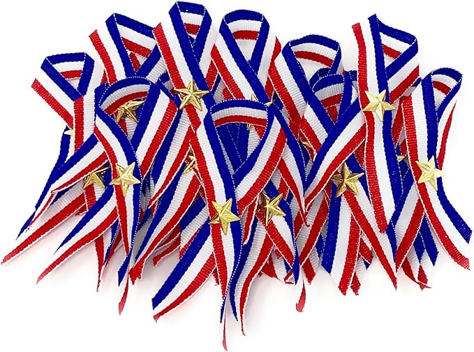 Amazon.com: 48 Bulk Patriotic Ribbon with Gold Star (Red, White, and ...