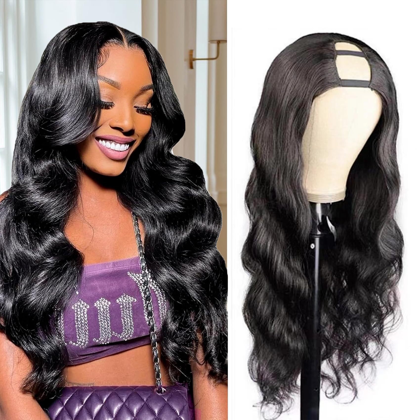U Part Human Hair Wig Body Wave 18 Inch Brazilian Virgin Hair Glueless ...
