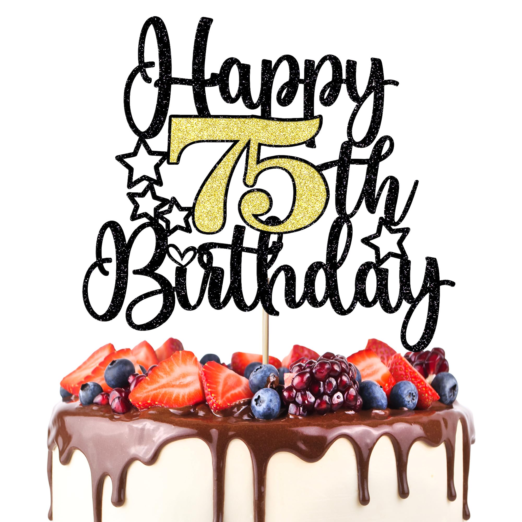 Happy 75th Birthday Cake Topper -Black Gold Glitter Cheers to 75 Years ...