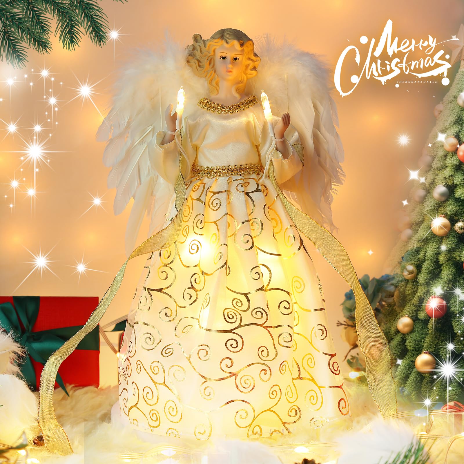 HOHOTIME 12'' Angel Tree Topper with White Feather Wings and Gold Skirt ...