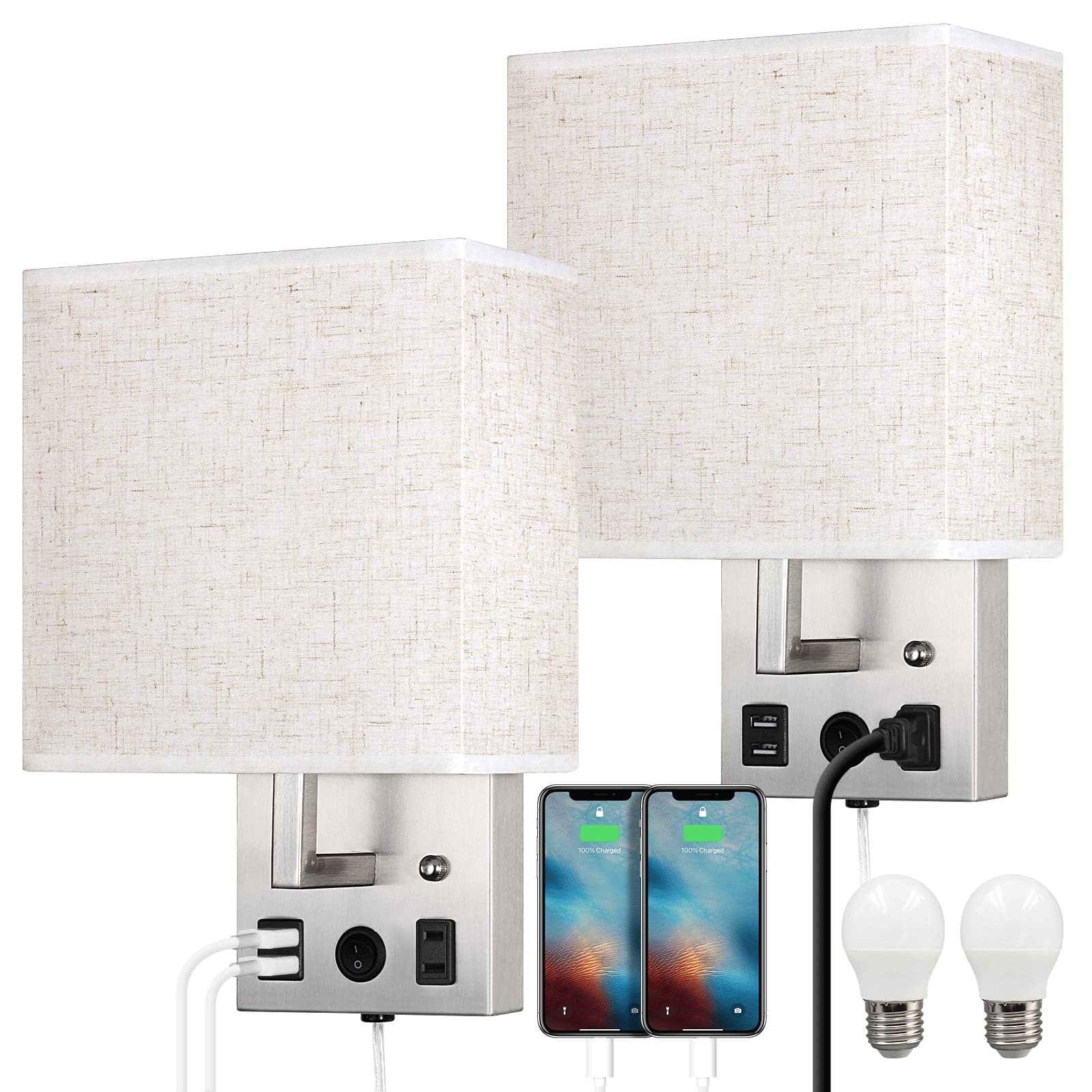 CADUKE Bedside Wall Lamp Set of 2, Plug in Wall Light with USB Charging ...