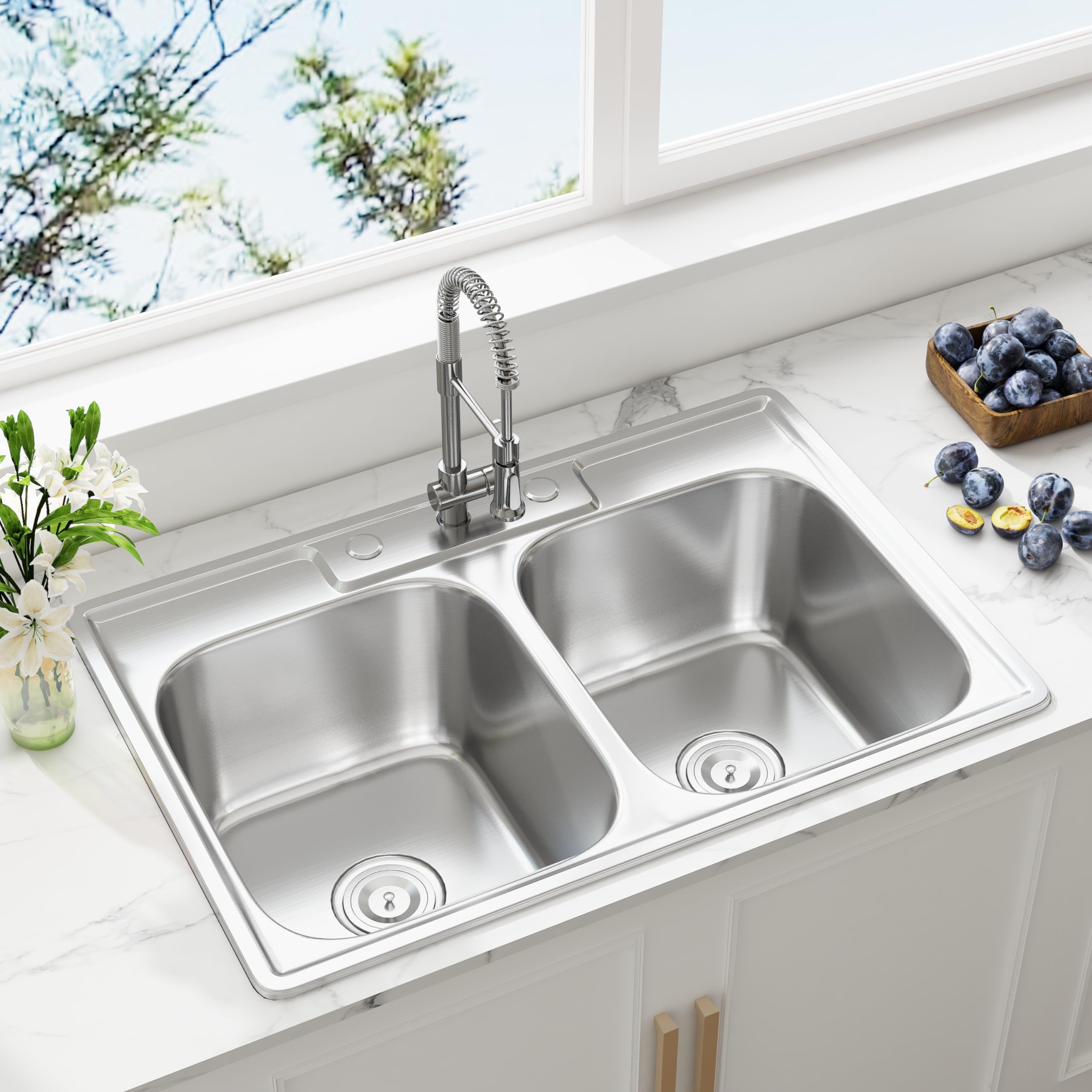 Mua 33 Inch Double Bowl Drop In 50/50 Kitchen Sink Top Mounted 18 Gauge ...