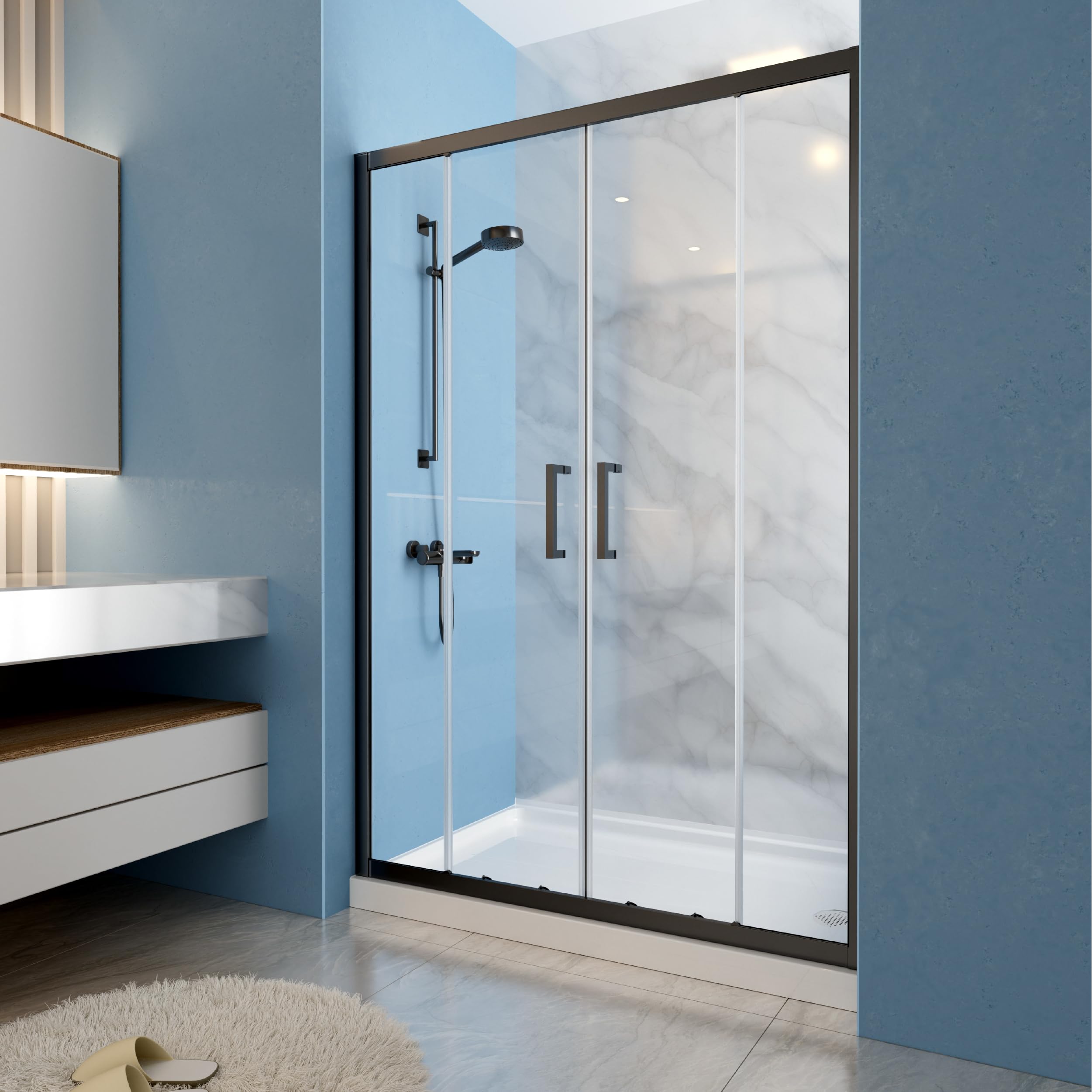 Double Sliding Shower Door. 54-60" W x 72" H Shower Glass Door with 1/4 ...