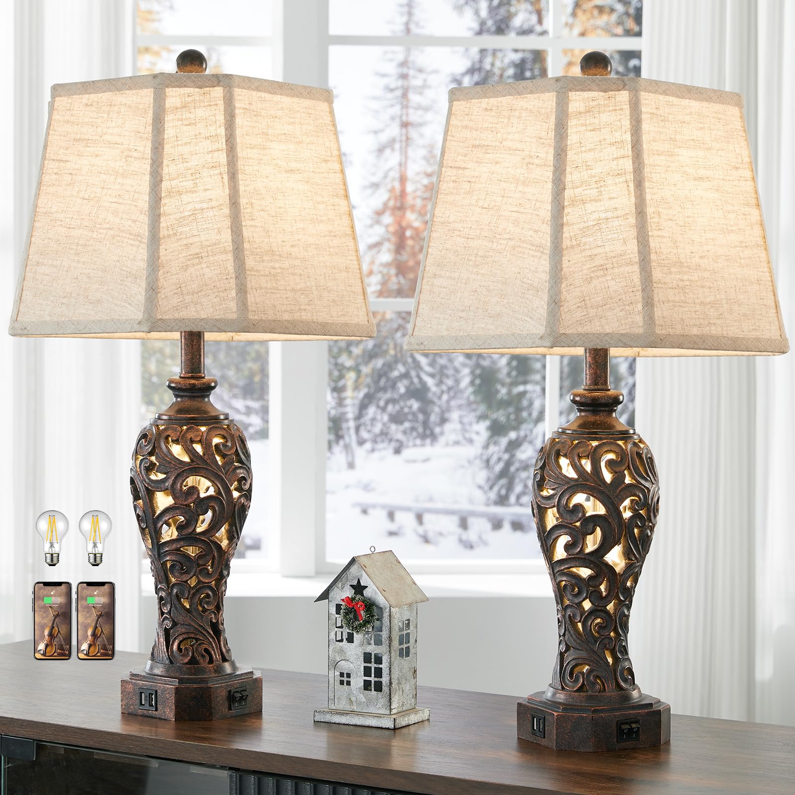 Reyokale Set of 2 Farmhouse Table Lamps for Living Room, Rustic Vintage ...
