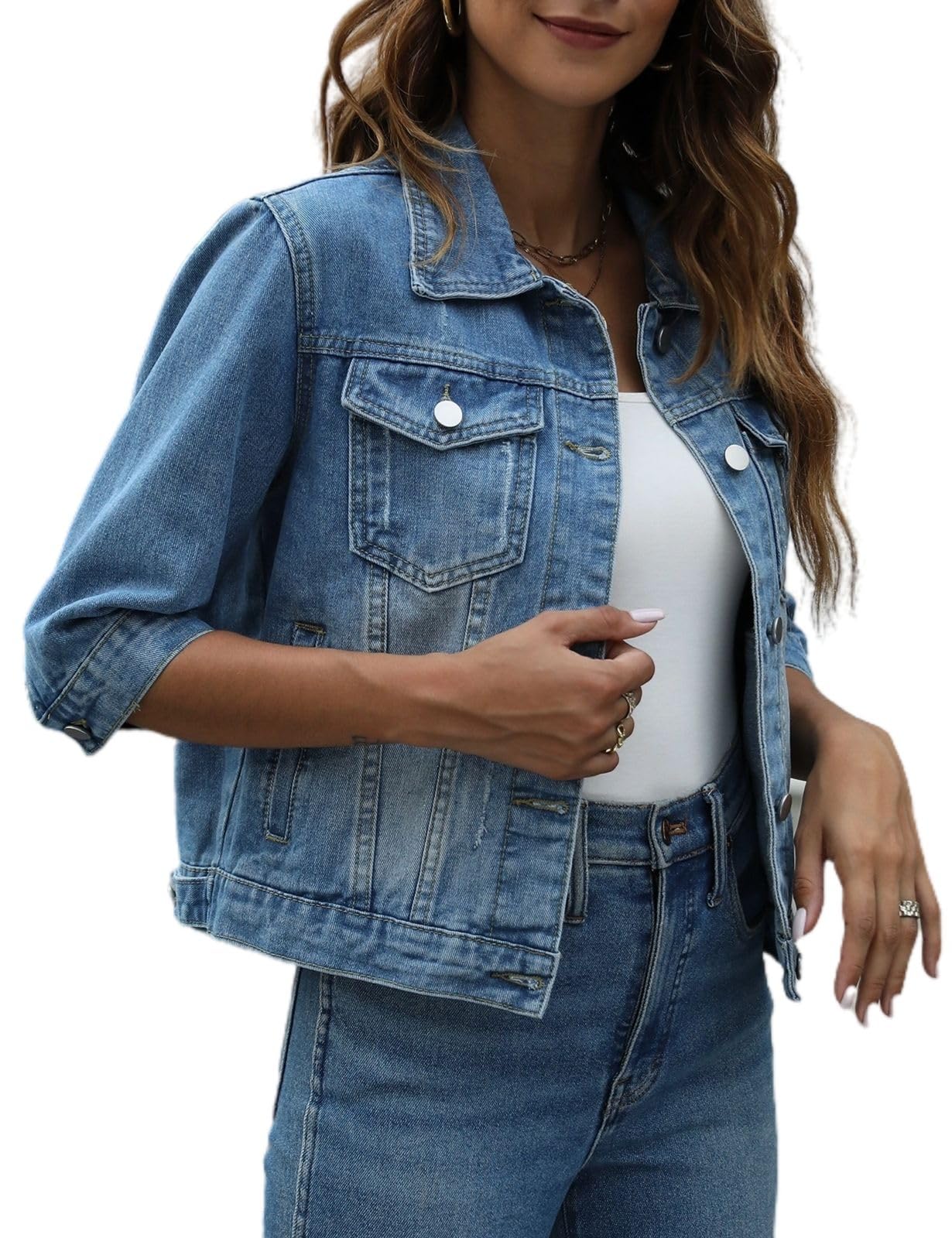 happlan Women's 3/4 Sleeve Short Denim Jacket Lapel Button Down Cropped ...