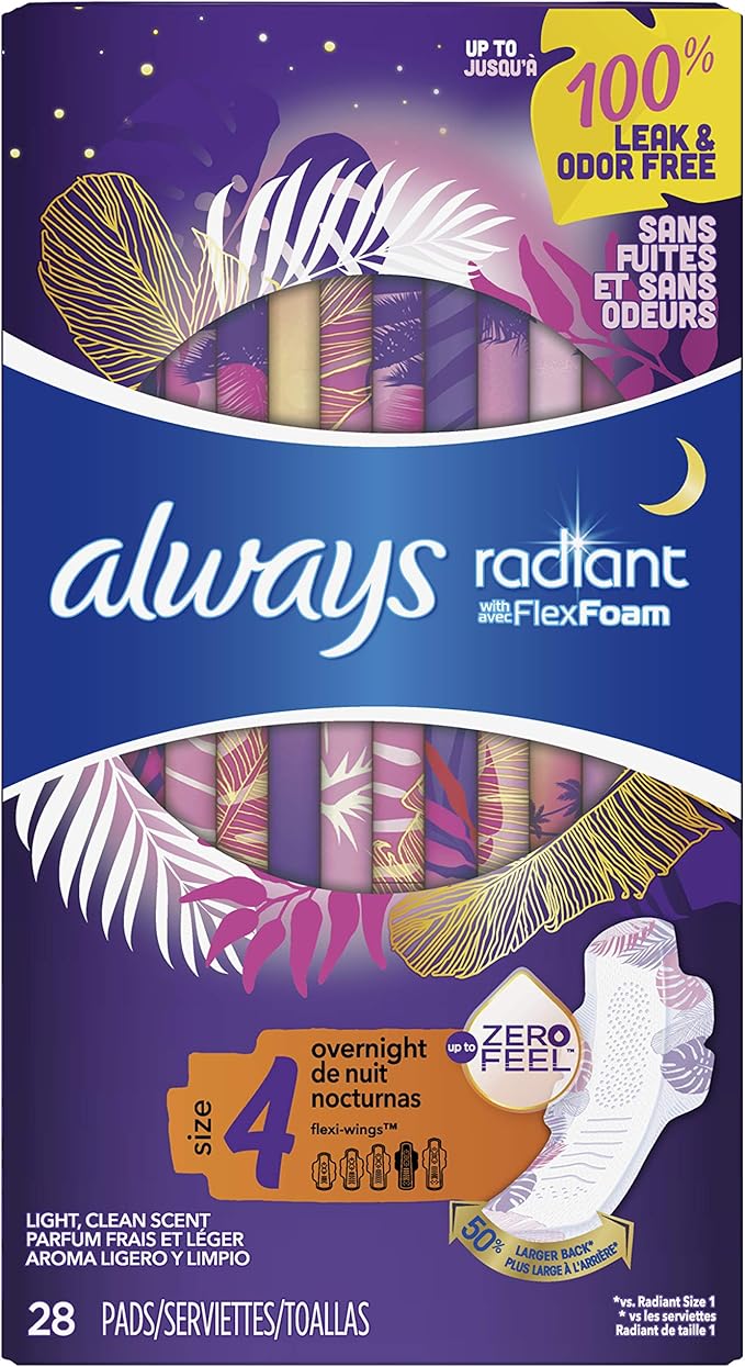Always Radiant Pads, Size 4, Overnight Absorbency, Scented, 28 Count ...