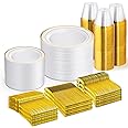 Amazon.com: WELLIFE 600 PCS Gold Disposable Dinnerware Set for 100 Guests, Gold and White ...