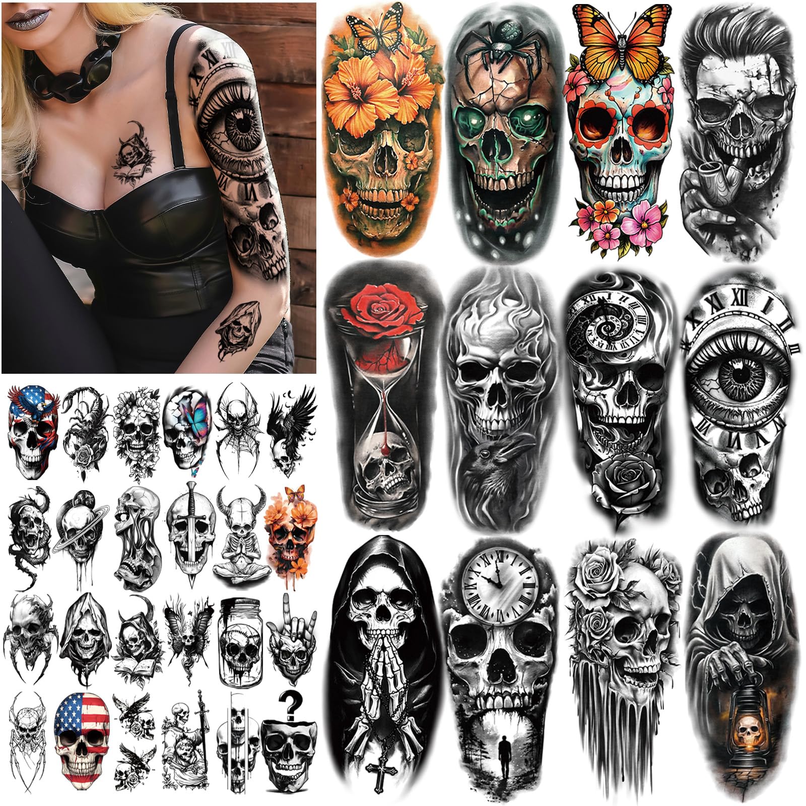 77 Sheets Black Skull Temporary Tattoos Adult Women Men Skeleton Death ...