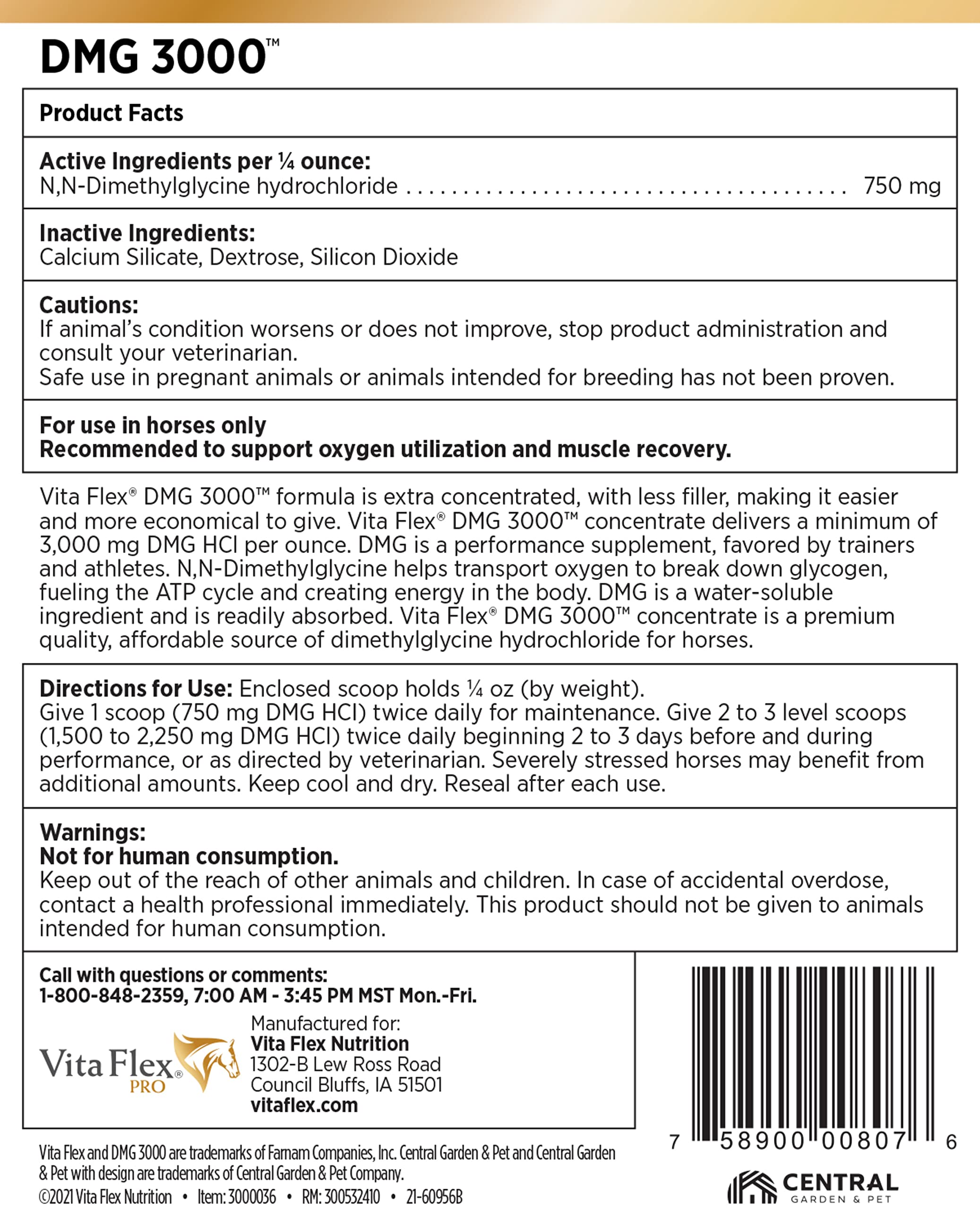 Vita Flex Pro DMG 3000 Horse DMG Concentrate, 4 Pounds, 128-Day Supply ...