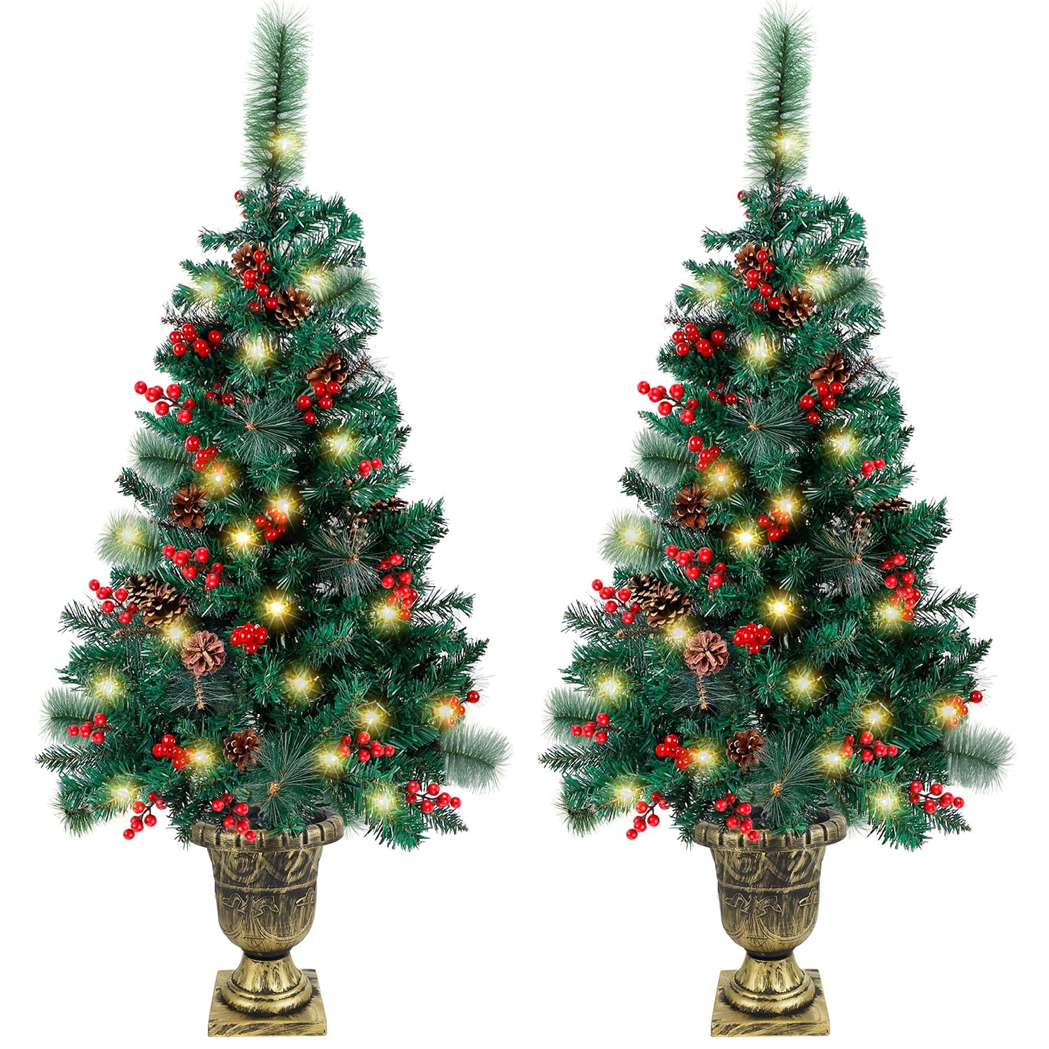 Juegoal 4 FT Christmas Trees in Gold Urn Base, Pre-Lit Artificial Spruce Entrance Tree with ...