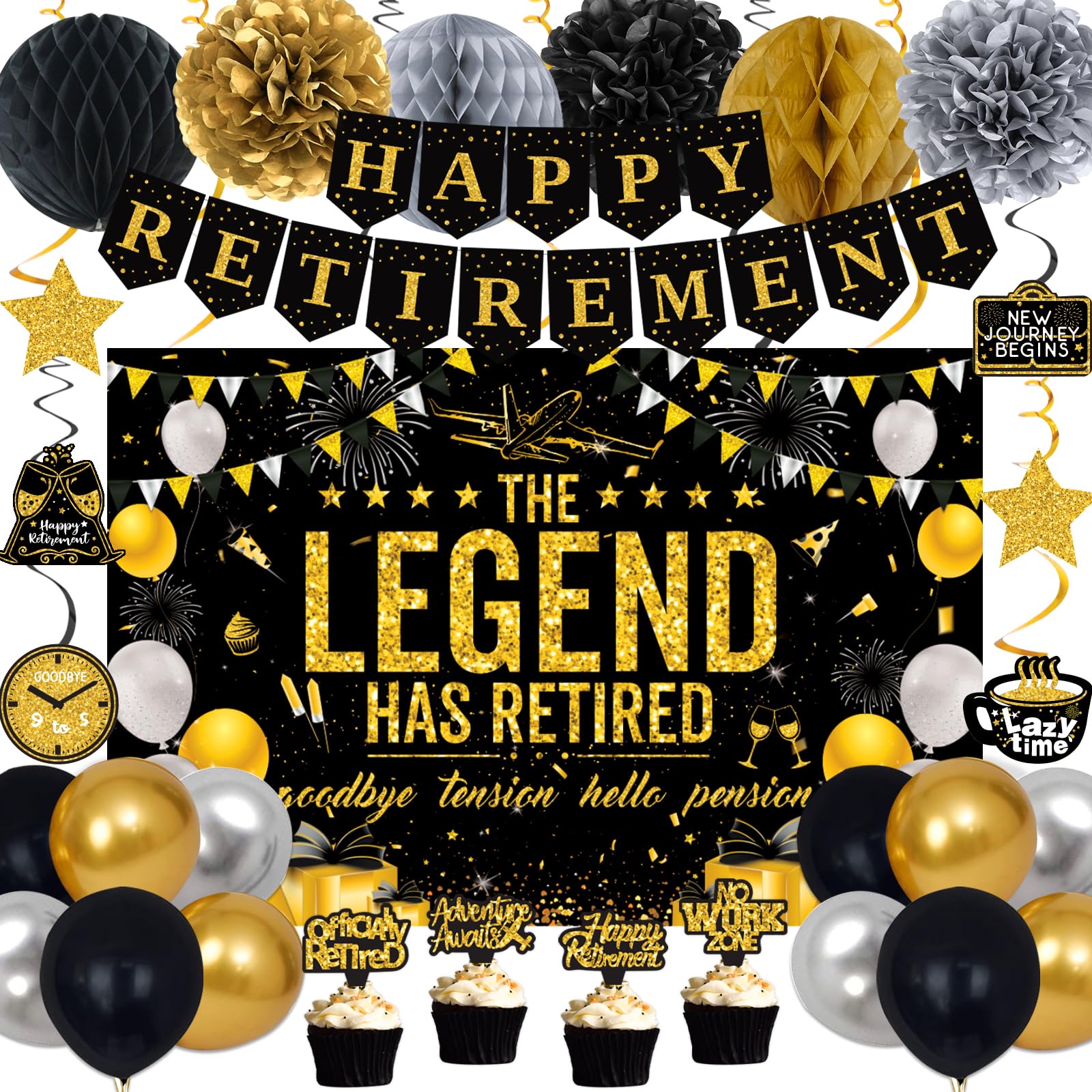 Retirement Party Decorations Men Women, Black Gold Happy Retirement ...