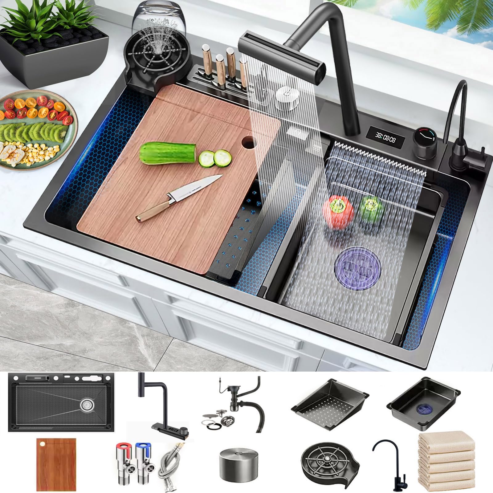 Modern Kitchen Sink, Twin Waterfall Undermount Drop in Sinks 31.5 ...