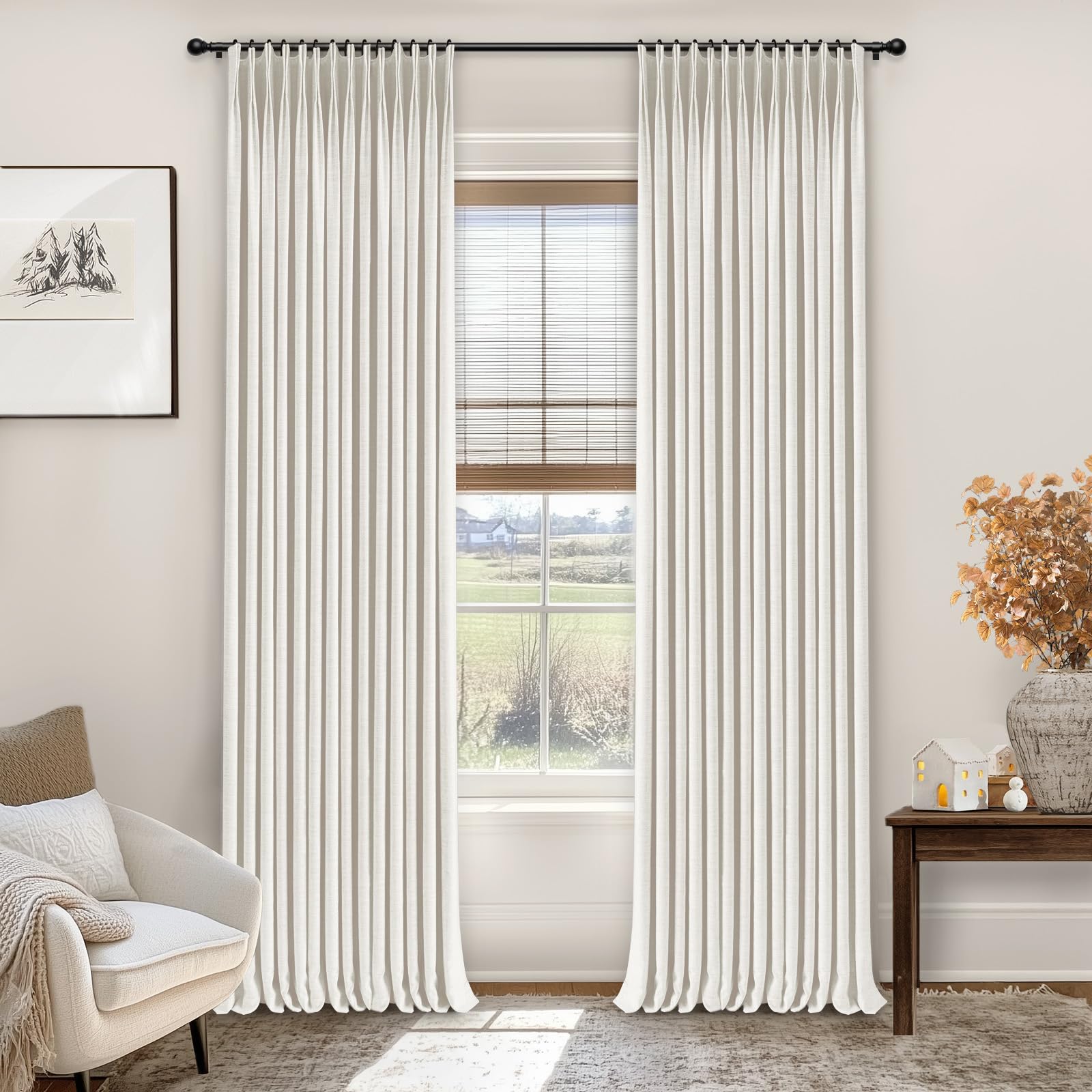 INOVADAY Pinch Pleated Curtains, 100% Light Blocking Linen Pinch Pleat Blackout Curtains for ...