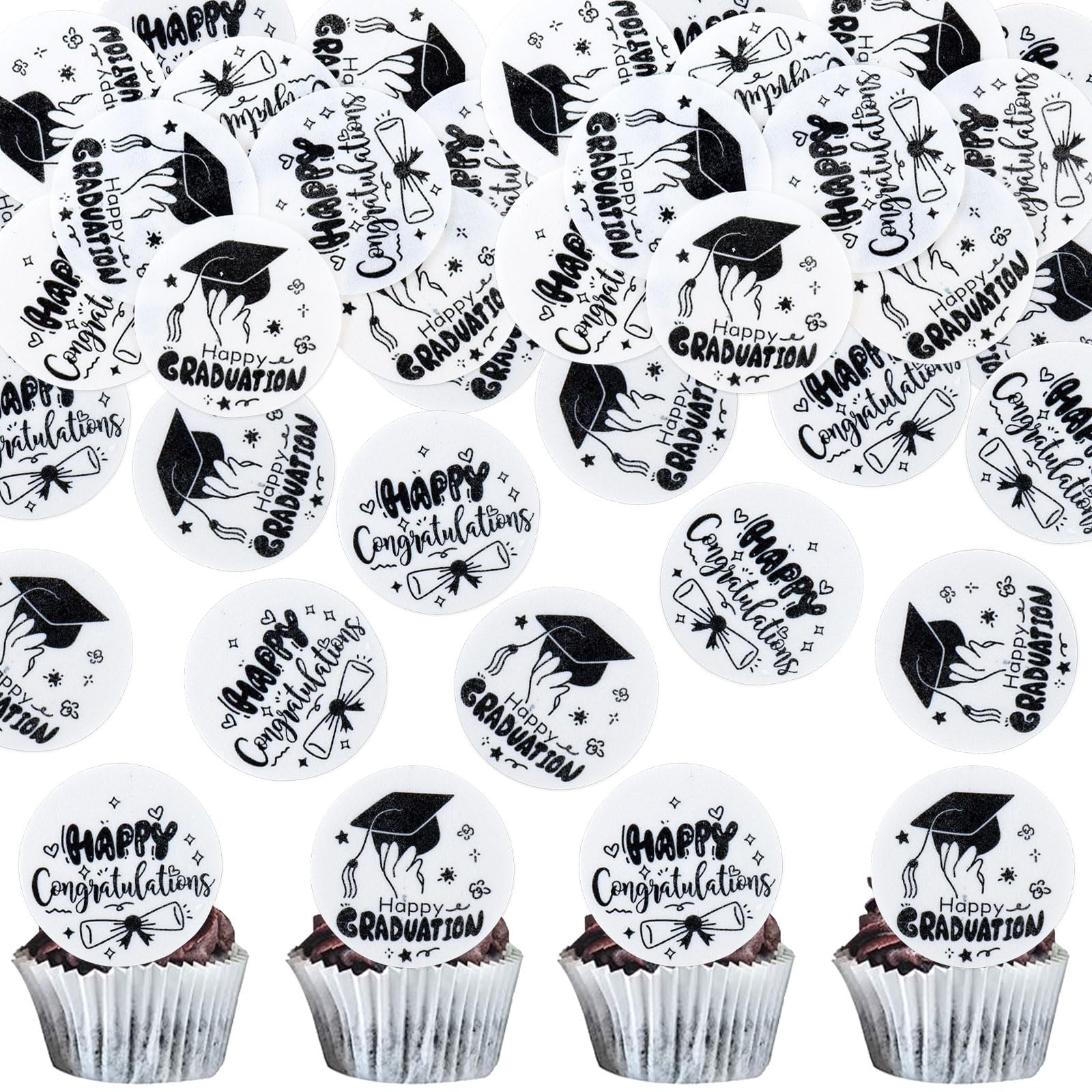 Ercadio 40 Pack Edible Graduation Cupcake Toppers Drink Topper Happy ...