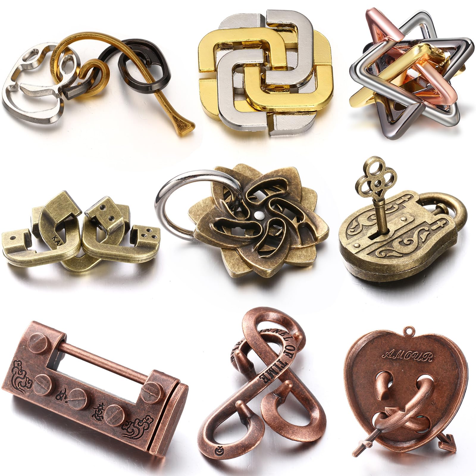 Wettarn 9 Pcs Metal Brain Teaser Puzzles Teaser 3D Steel Puzzle for ...