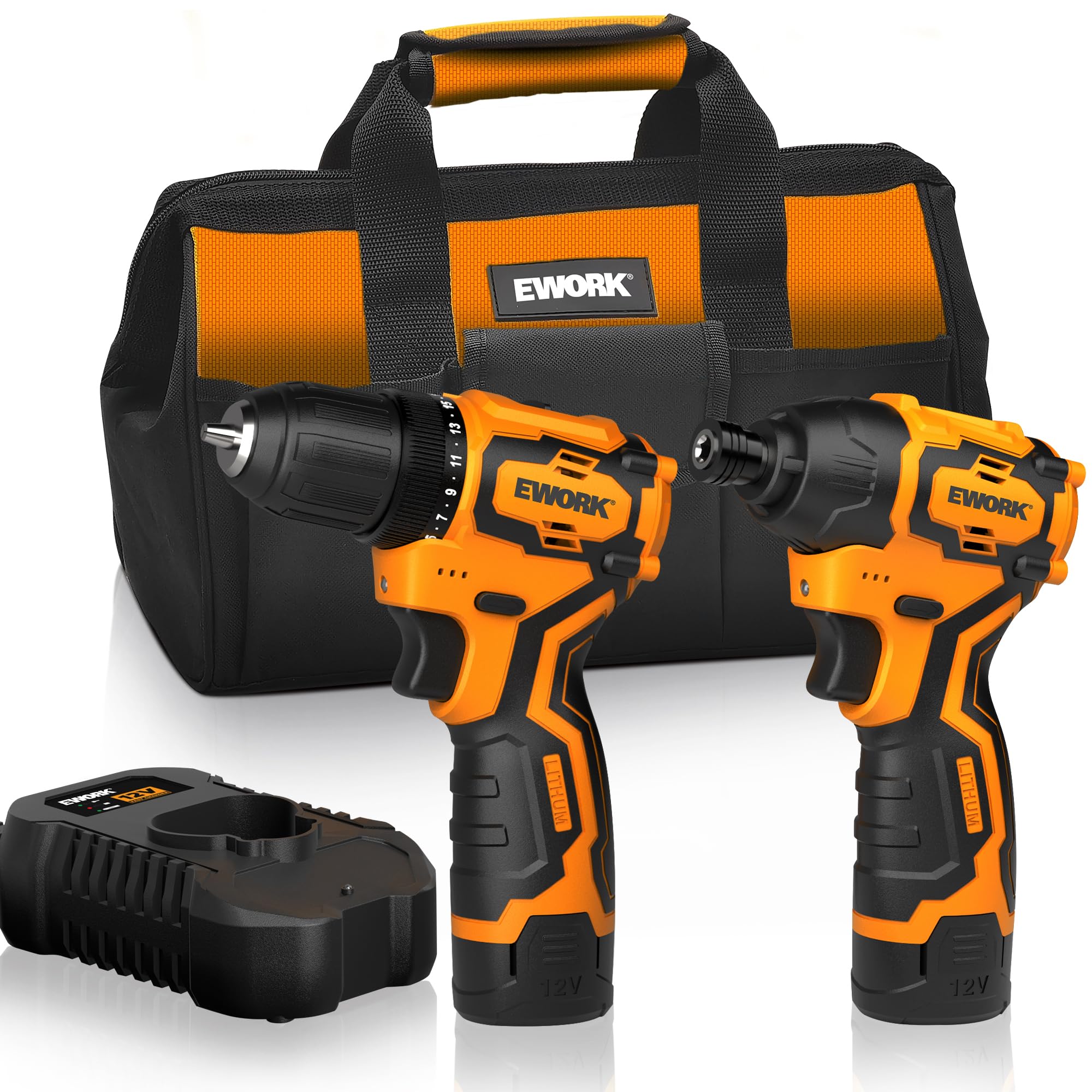 EWORK Compact Cordless Drill and Impact Driver Combo Kit 12V Brushless ...