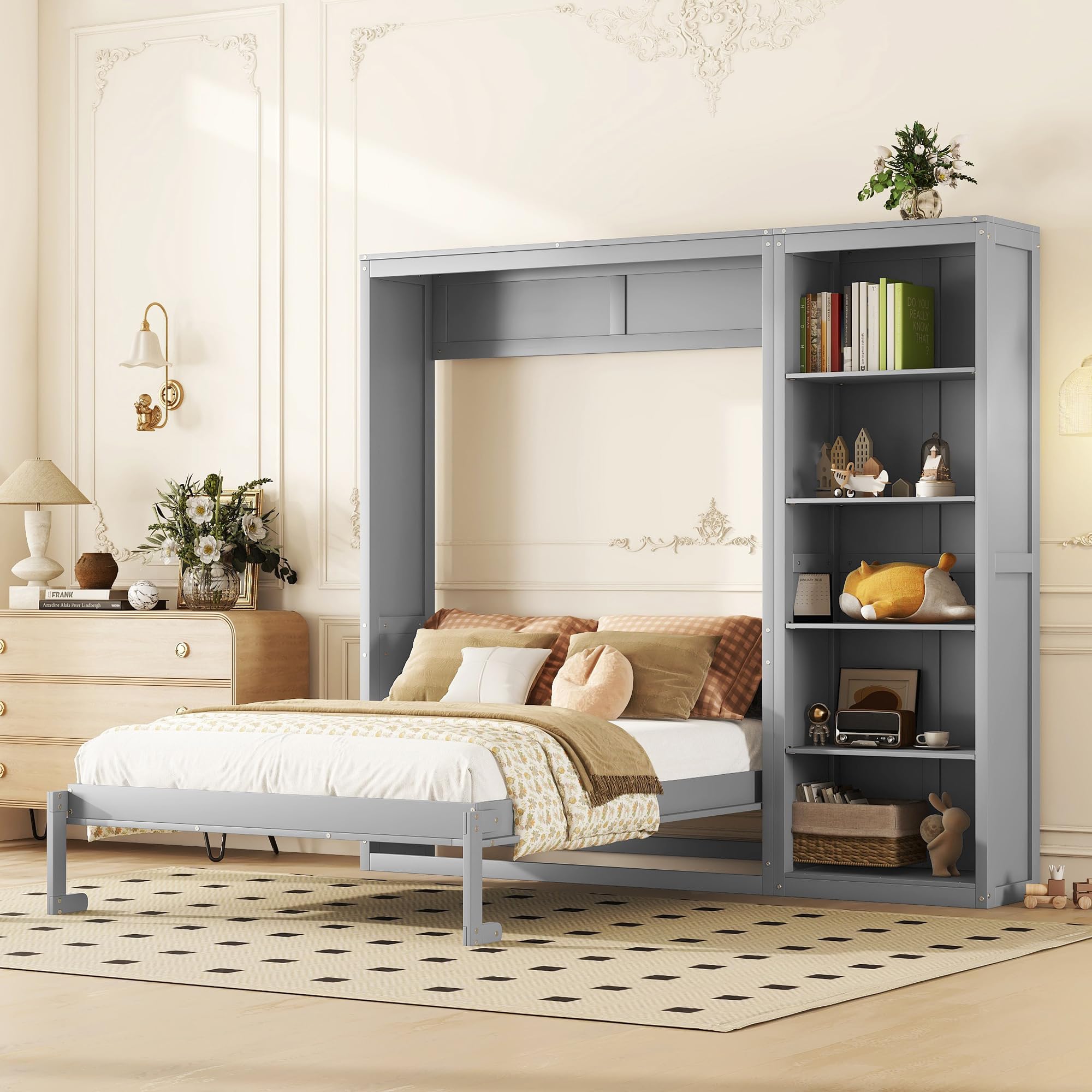 Merax Queen Size Murphy Bed with Storage Shelves, Multifunctional ...