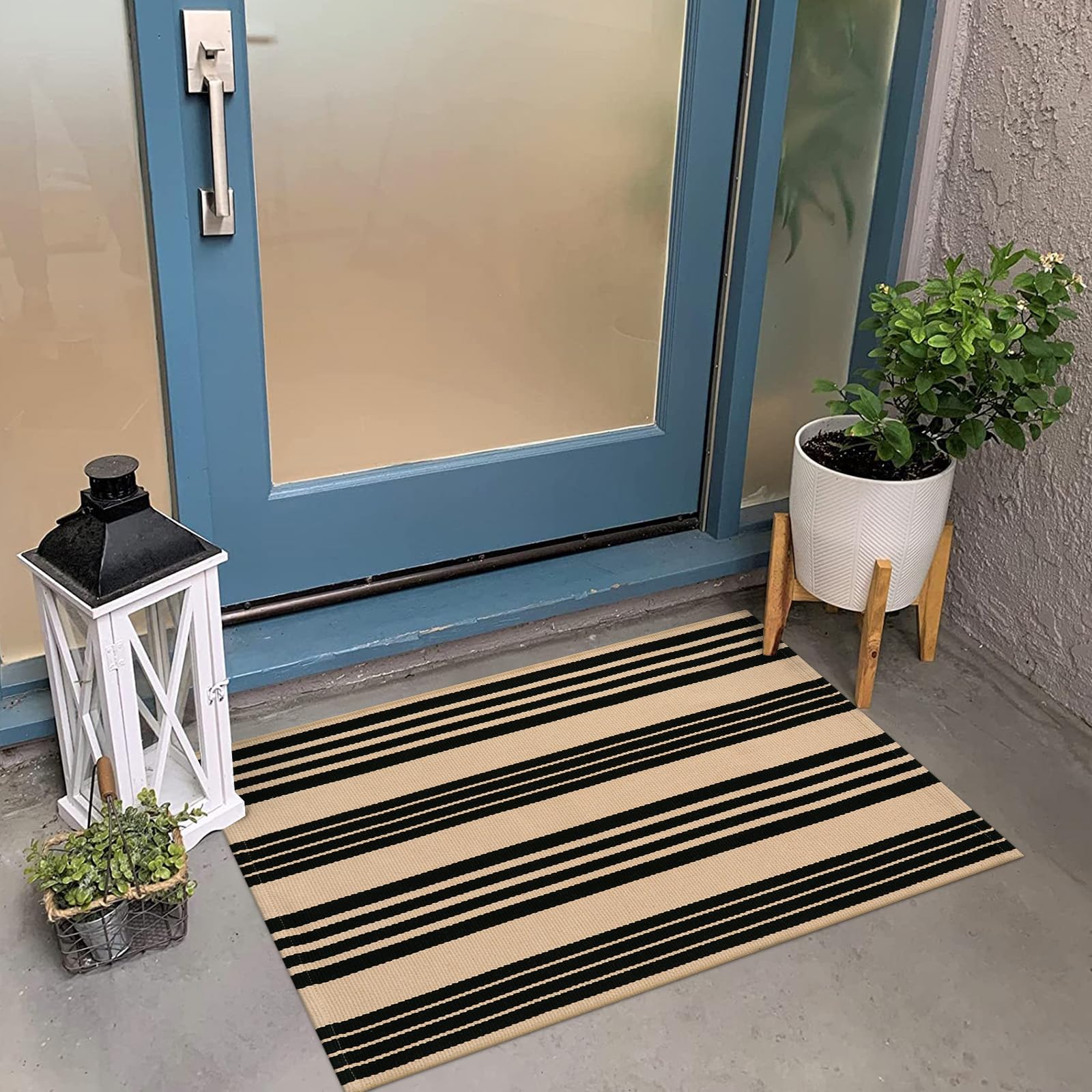 KIMODE Front Door Mats 24"x35", Farmhouse Black and White Striped Rug ...
