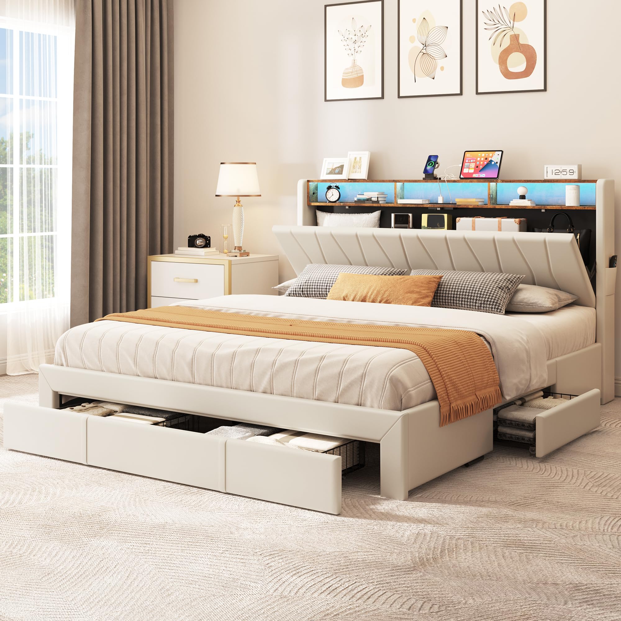 YITAHOME King Size Bed Frame, Storage Bed Frame with 4 Drawers & LED ...