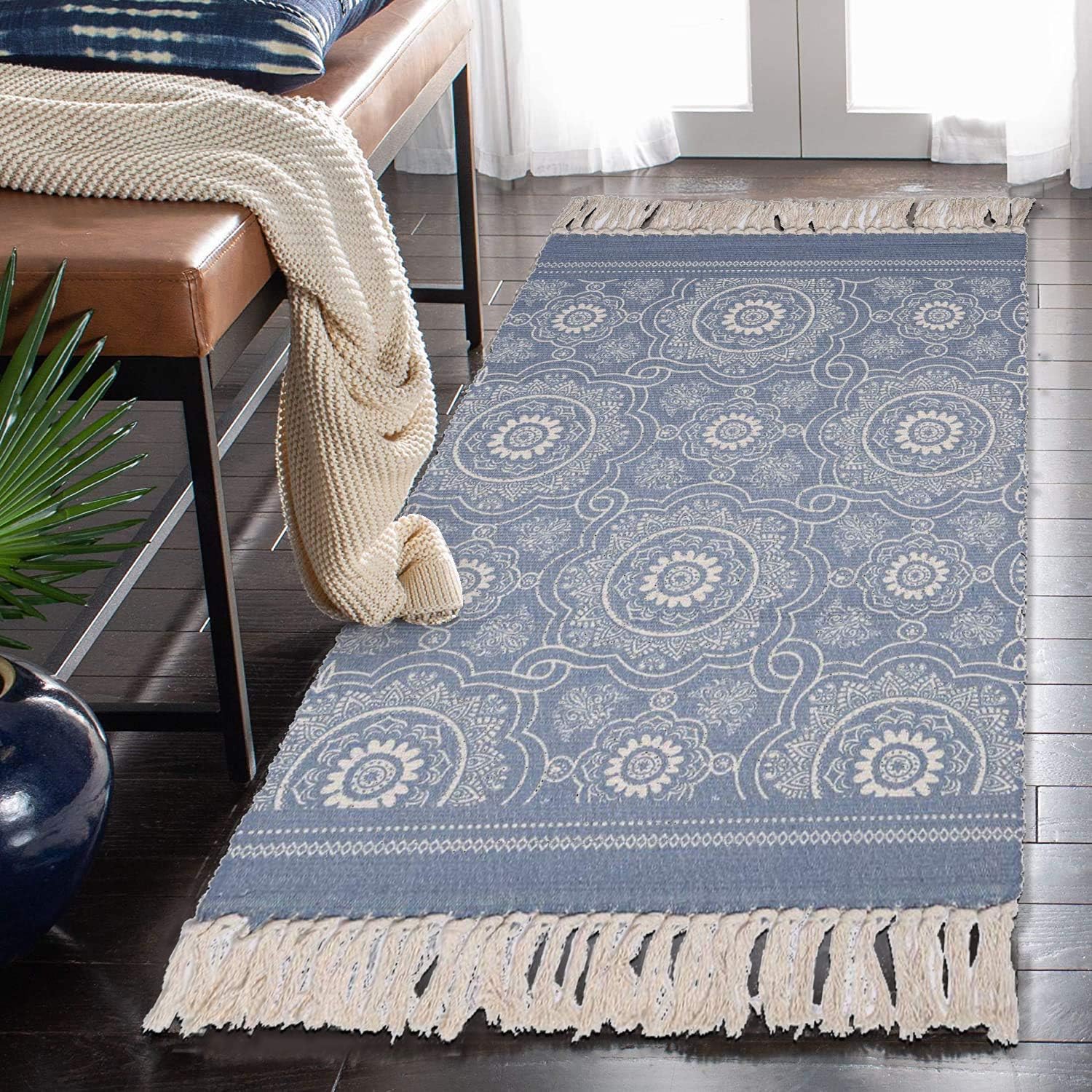 SHACOS Moroccan Cotton Area Rug Set Blue Machine Washable Printed ...