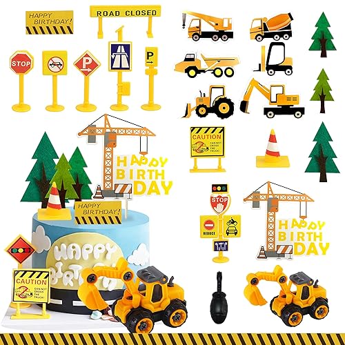 KAIX 22 Pieces Construction cake toppers, Tractor Cake Toppers and Road ...