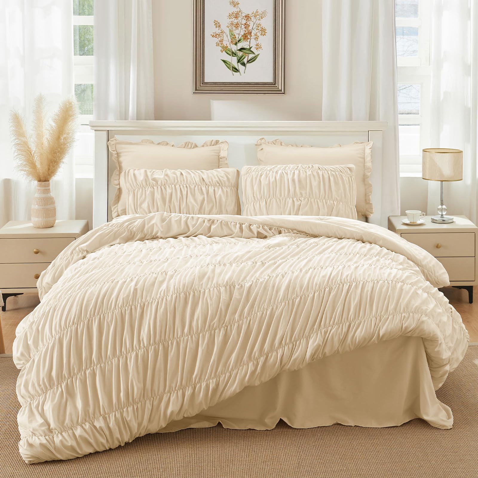 CAPALOCA Beige Queen Comforter Set - Boho Fluffy Ruched Bedding ...