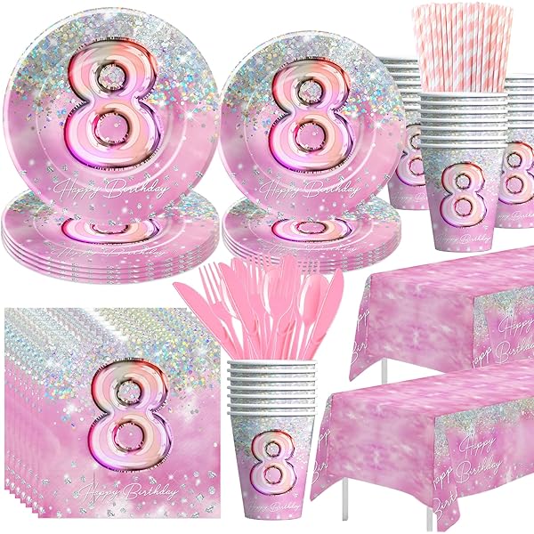 Happy 8th Birthday Pink Backdrop Banner 59x35.4 Fabric Sign Happy 8th ...